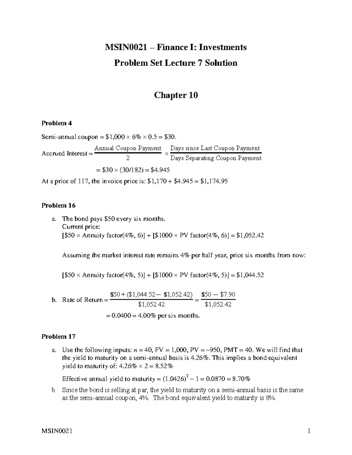 Problem Set Lecture 7 Solution - MSIN0021 – Finance I: Investments Problem Set Lecture 7 ...