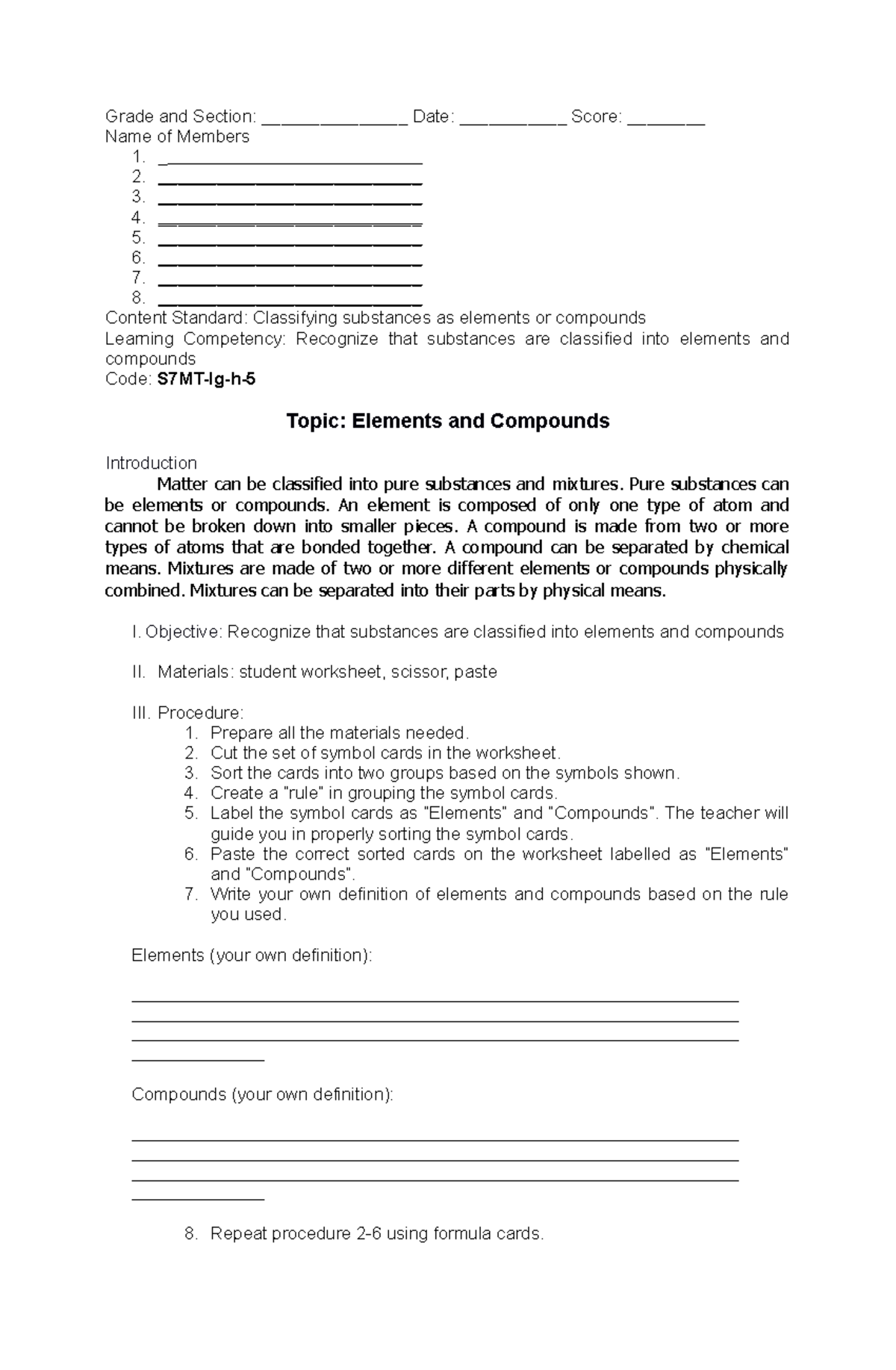 Elements and compound activity - Grade and Section ...