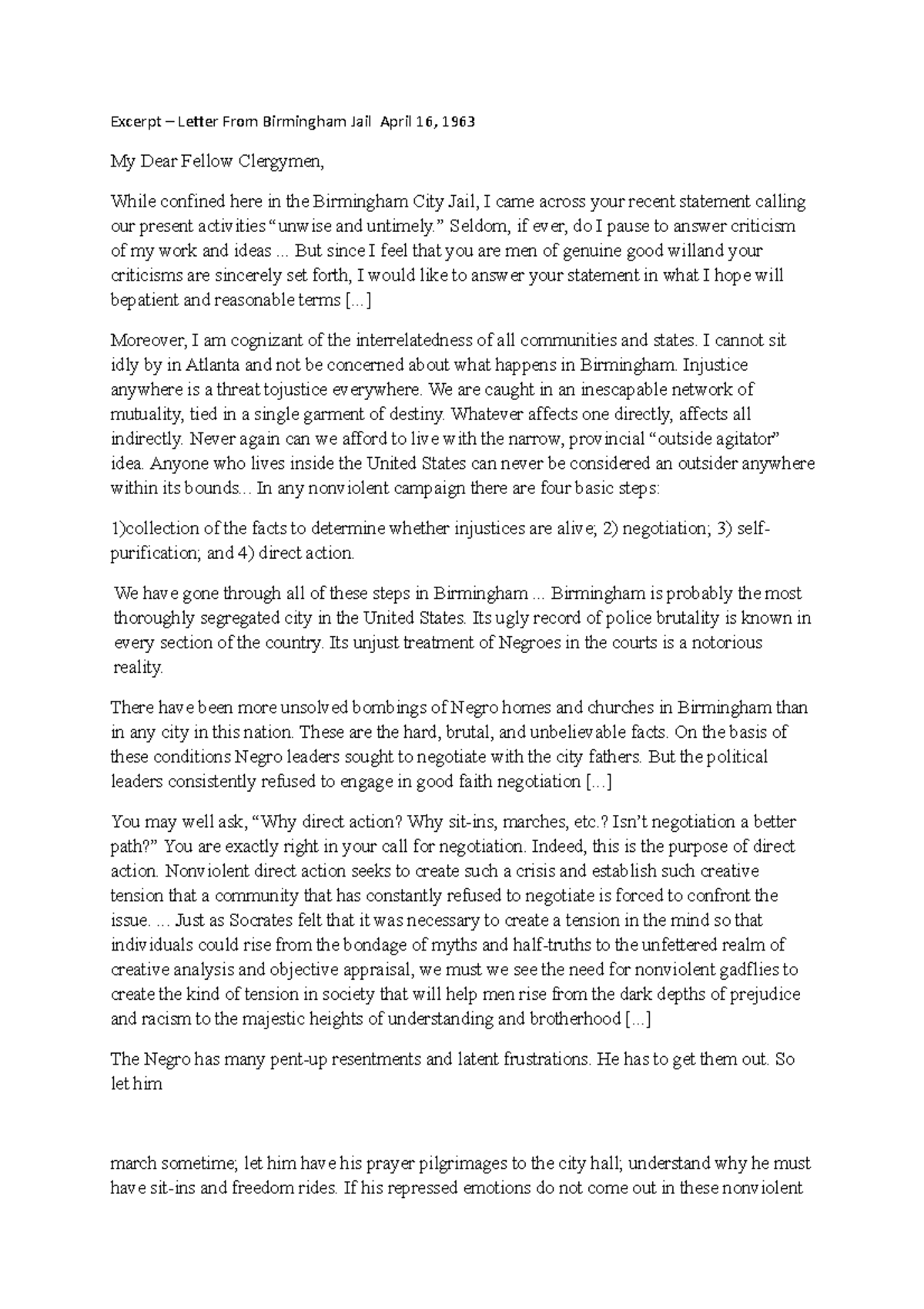 Letter from Birmingham Jail - ” Seldom, if ever, do I pause to answer ...