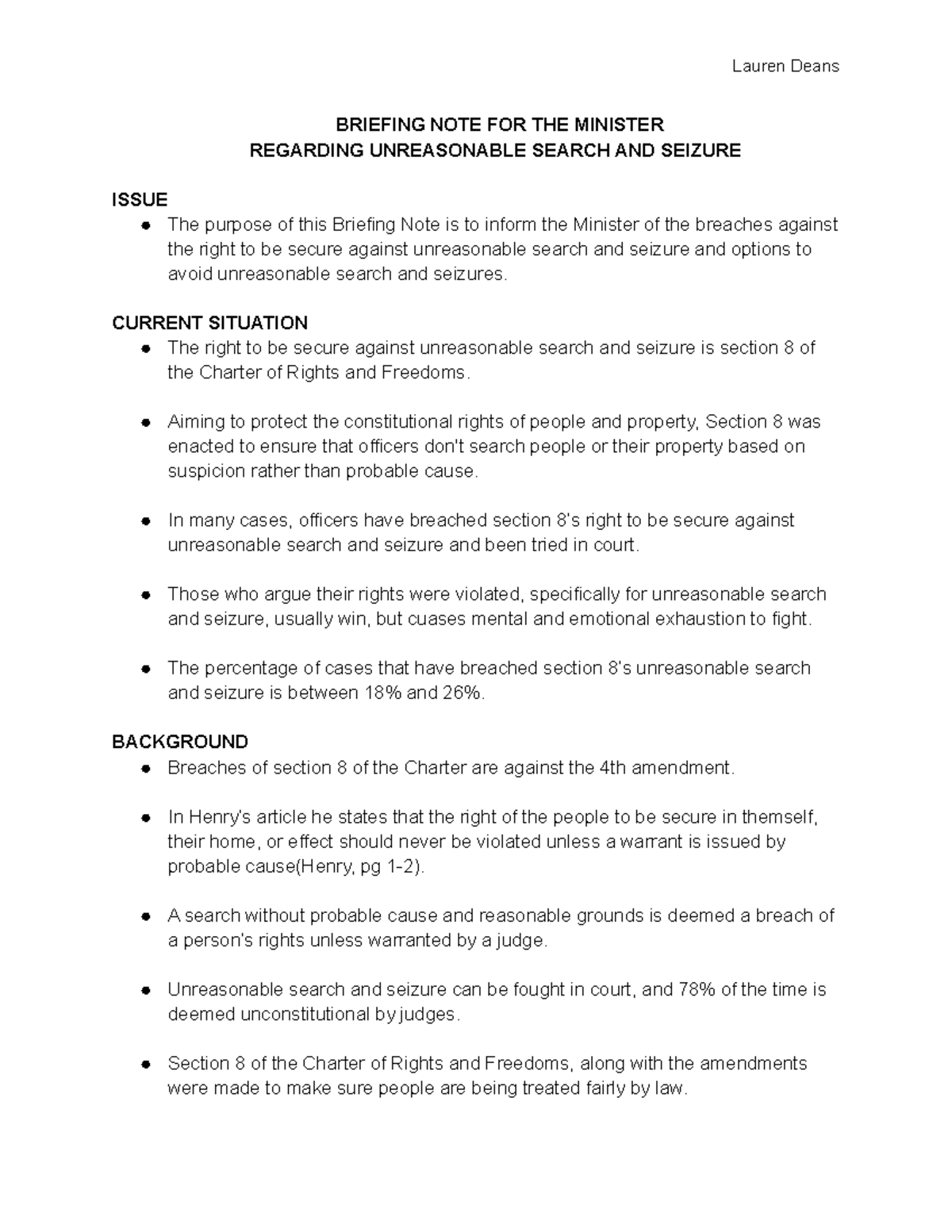 Briefing Note Final - Lauren Deans BRIEFING NOTE FOR THE MINISTER ...