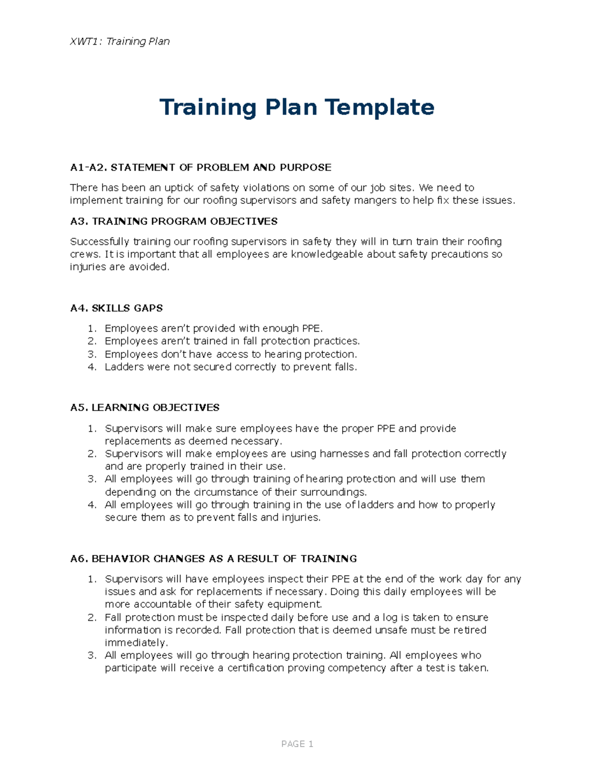 C235 Task 1 Training Plan Guide XWT1 Training Plan Training Plan