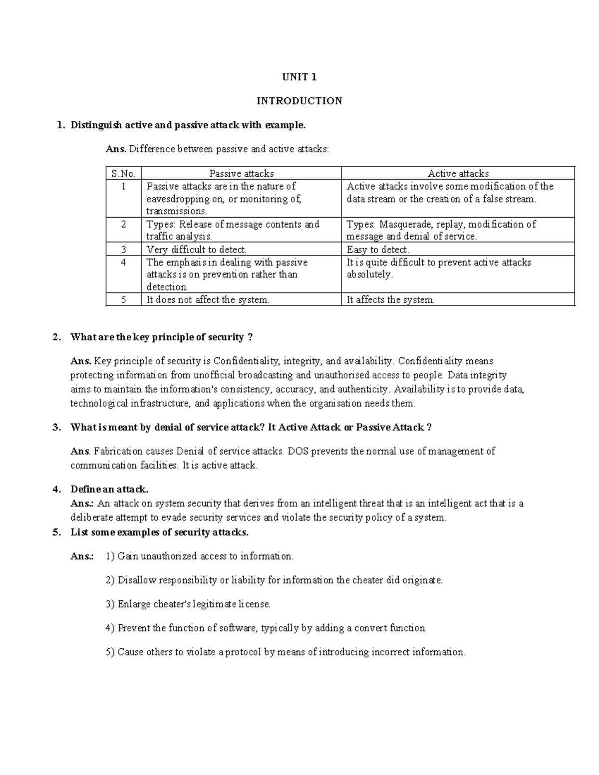 Ns unit 1 qb - QUES BANK - UNIT 1 INTRODUCTION Distinguish active and passive attack with ...