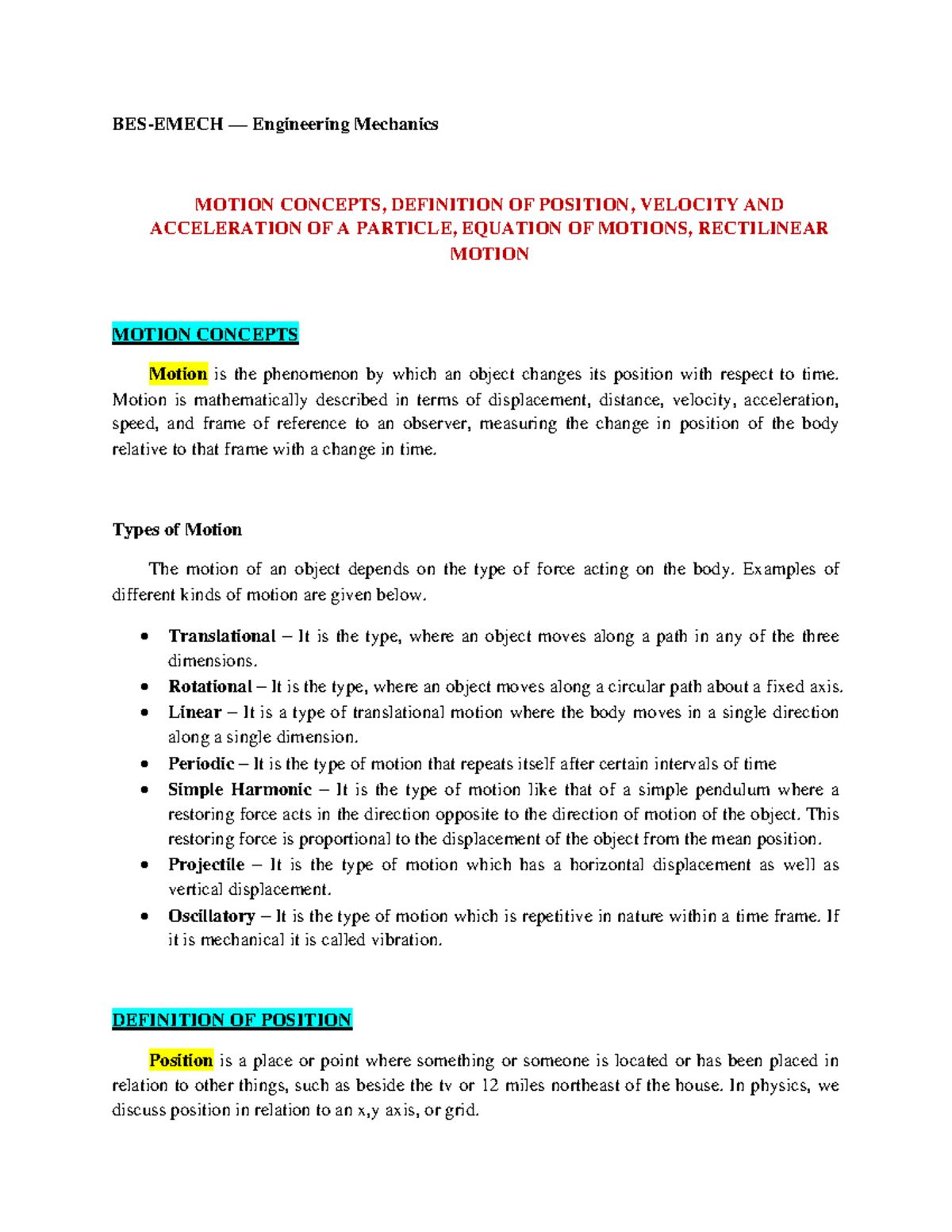 BES- Emech Lesson 2 - BES-EMECH — Engineering Mechanics MOTION CONCEPTS ...