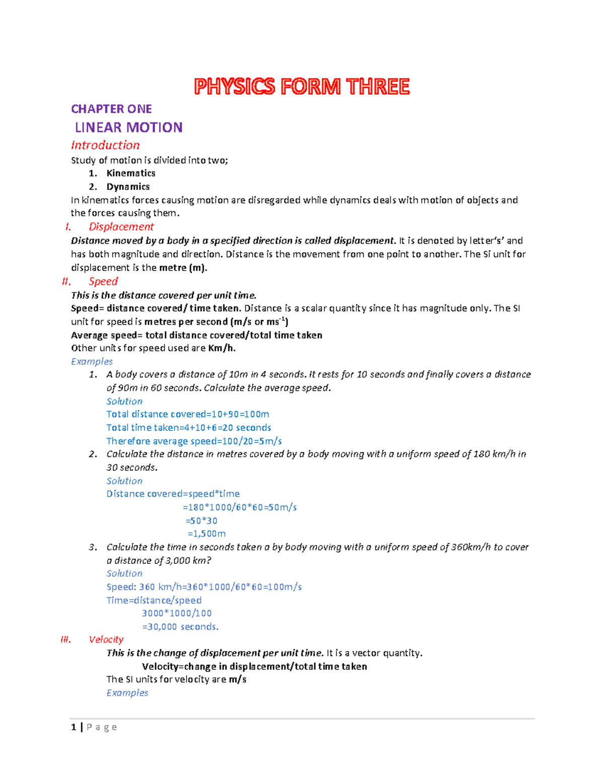 Physics form 3 notes - Mr Mwembe - CHAPTER ONE LINEAR MOTION ...