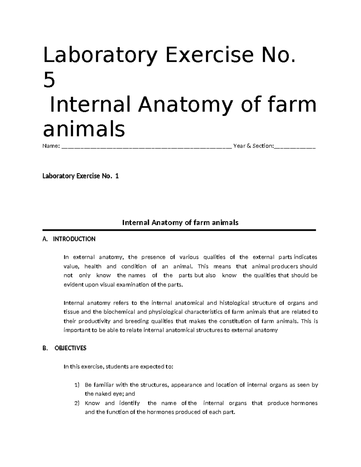 Laboratory Exercise Principles of Animal Science - Laboratory Exercise ...