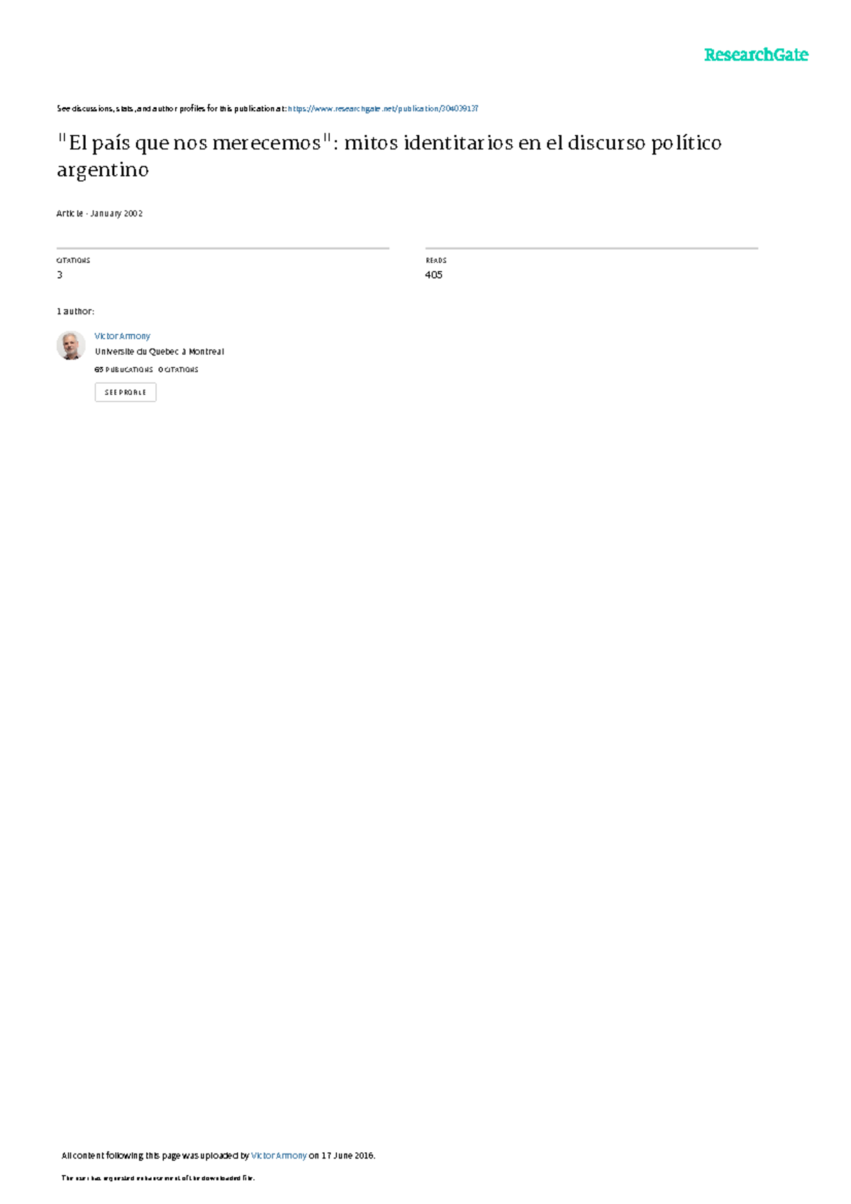 Victor Armony - El país que nos merecemos- Mitos Identitarios EN EL ...