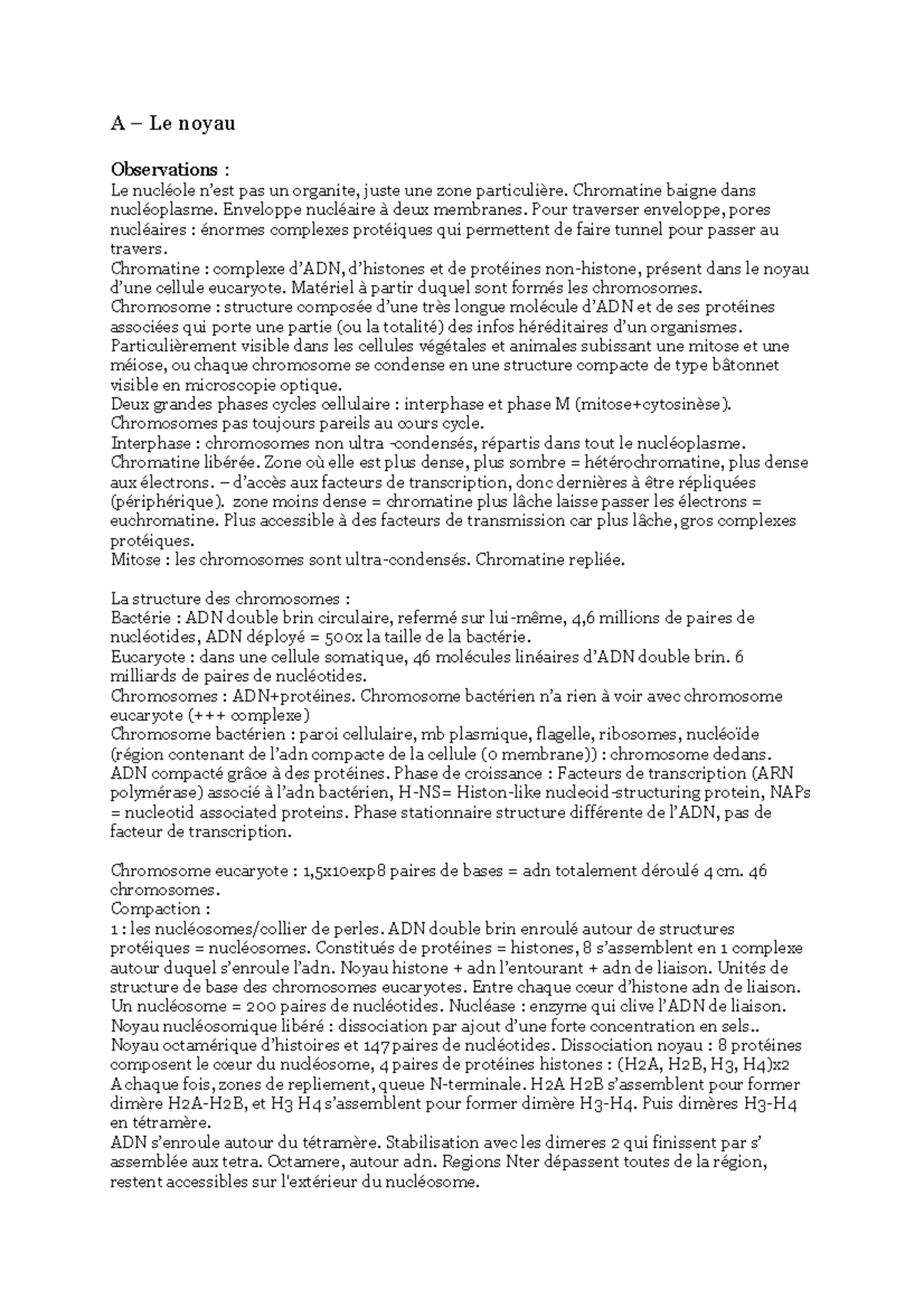 Noyau 1 - Notes de cours 1 - A – Le noyau Observations : Le nucléole n ...