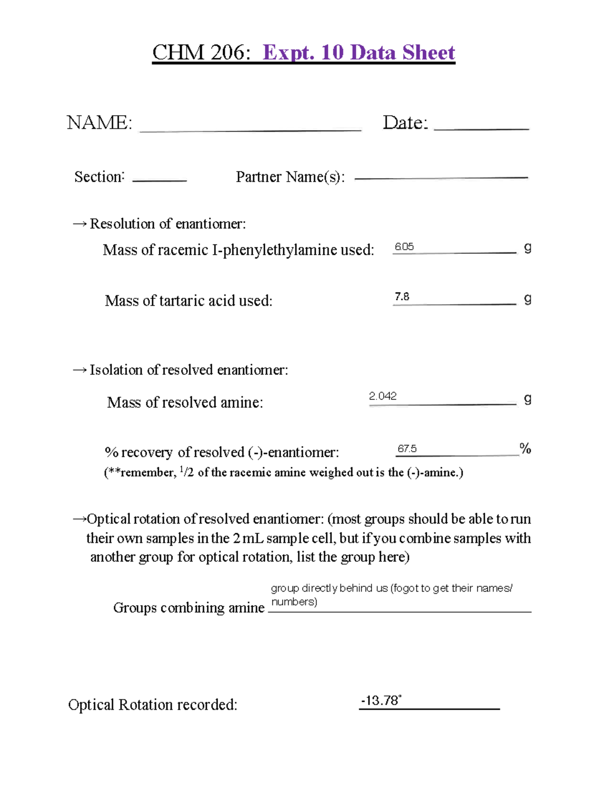 experiment 10 data sheet - CHM 206: Expt. 10 Data Sheet NAME: Date ...