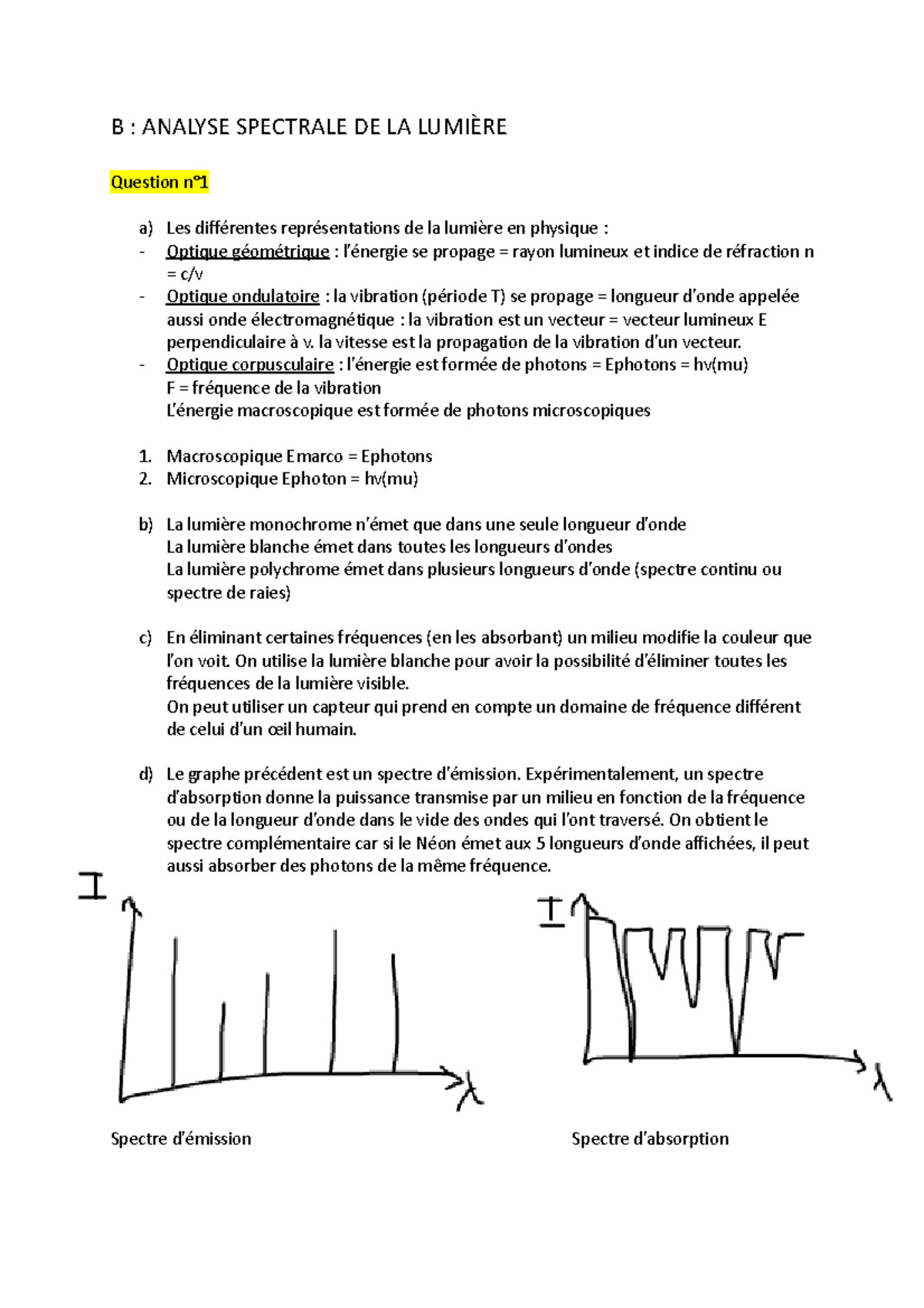 TD physique - B : ANALYSE SPECTRALE DE LA LUMIÈRE Question n° a) Les ...