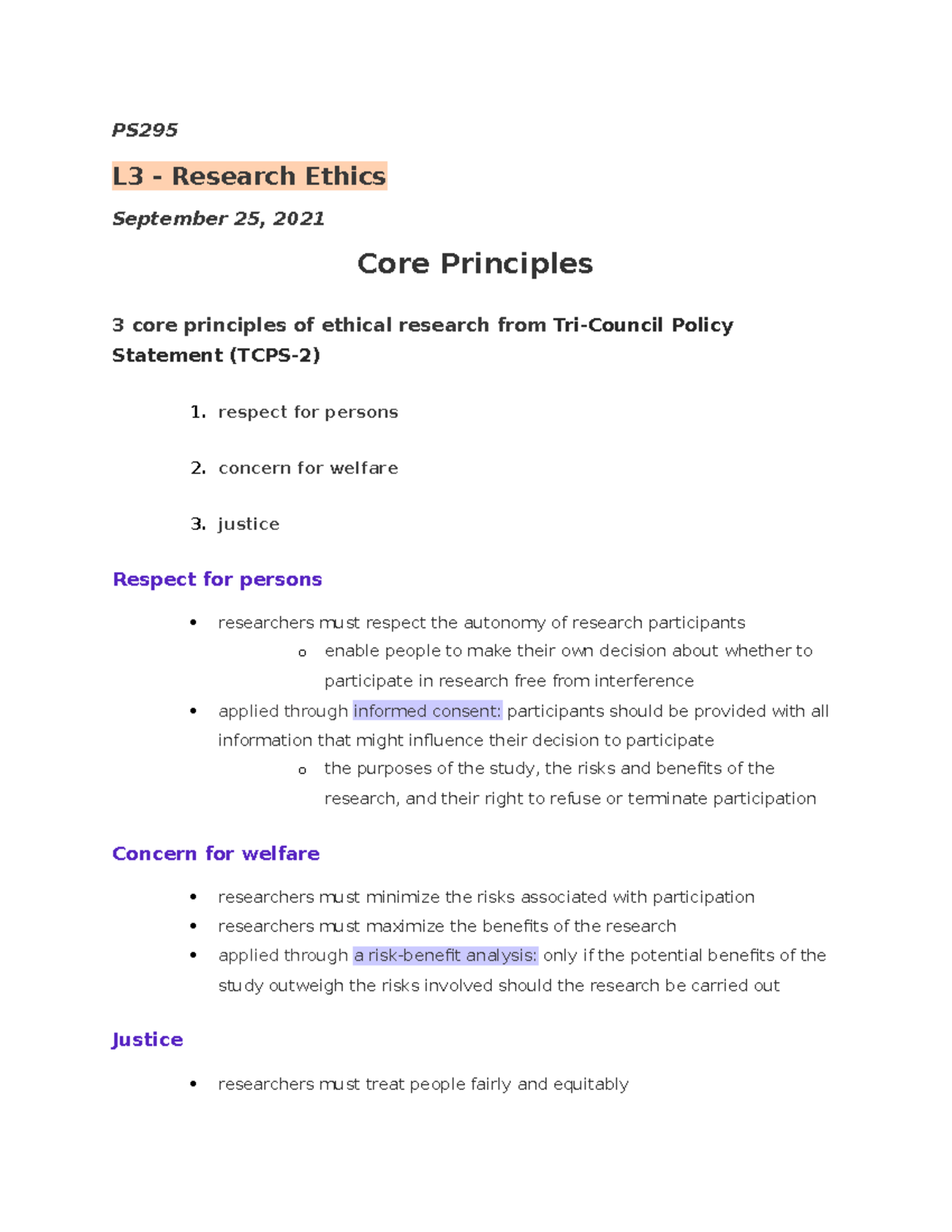 Lecture 3 - PS295 CHAPTER 3 NOTES - PS L3 - Research Ethics September ...