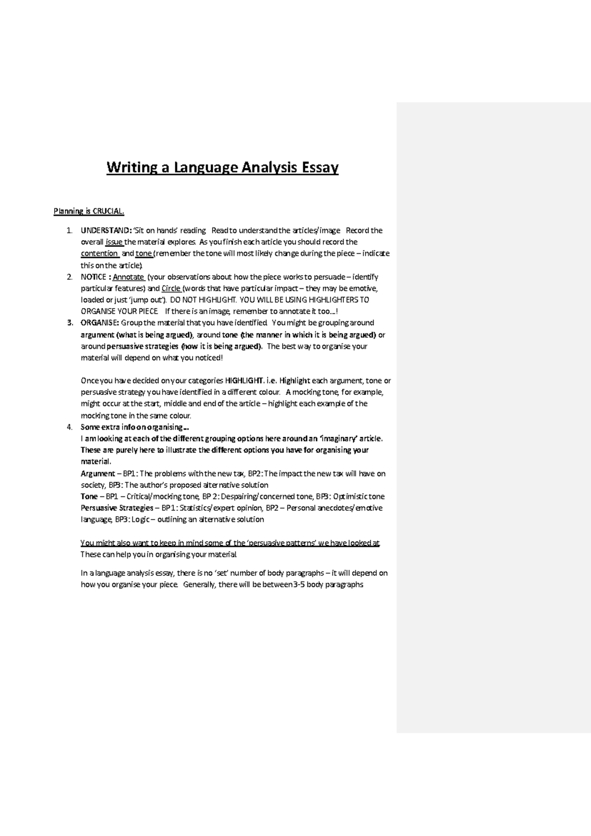 Writing a Language Analysis Essay 1 - Writing a Language Analysis Essay ...