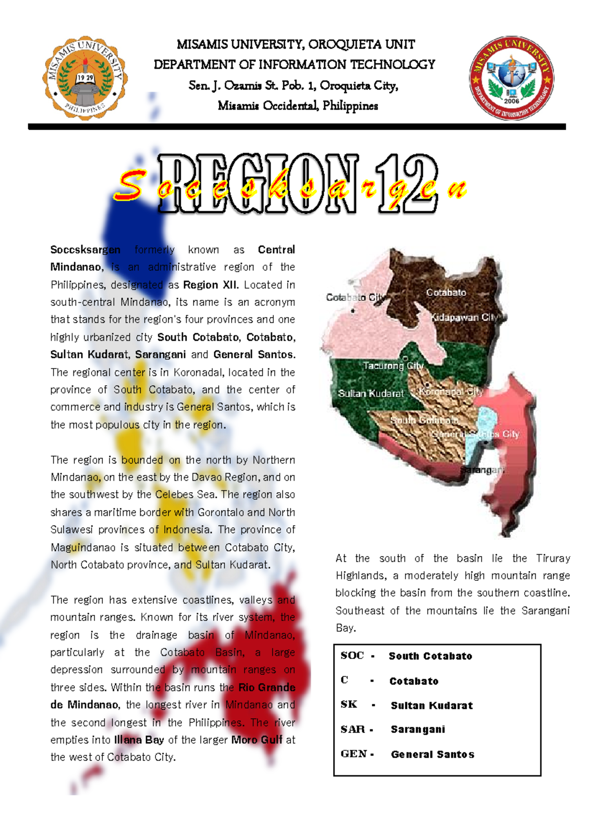 Region-12 - Jdisis - MISAMIS UNIVERSITY, OROQUIETA UNIT DEPARTMENT OF ...