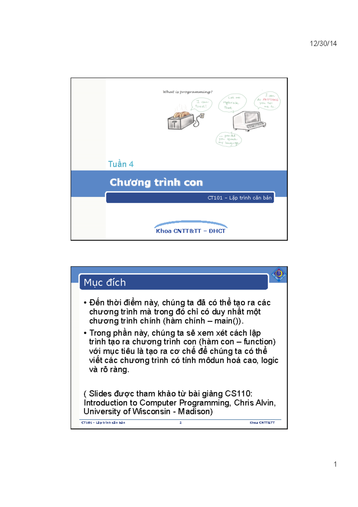 T04 Chuong Trinh Con PTPhi 2slides - CT101 – L¿p trình c n b¿n Khoa CNTT&TT – HCT Ch±¡ng trình ...