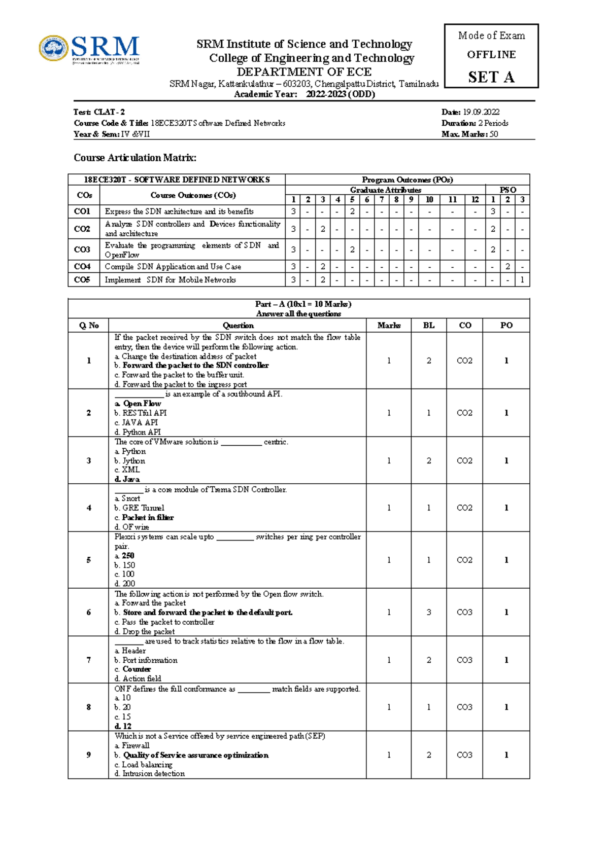 ct2 question paper of software defined network - SRM Institute of ...
