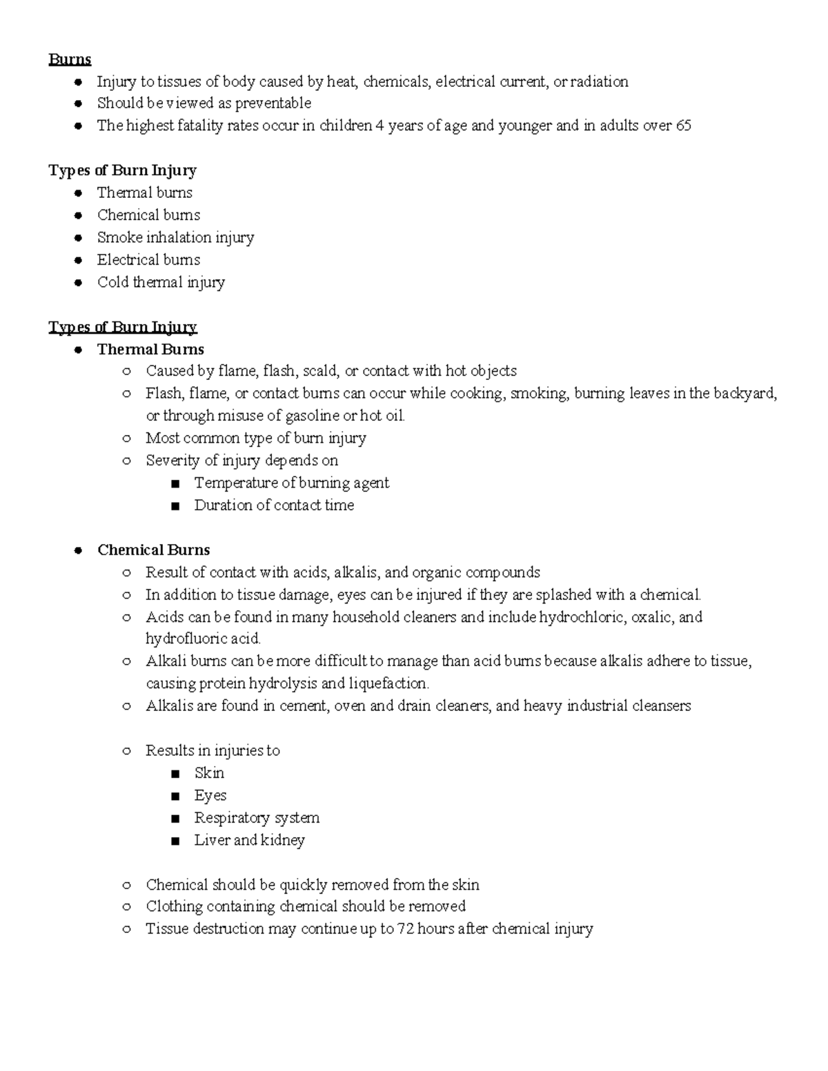 Burns Notes - Burns Injury to tissues of body caused by heat, chemicals ...