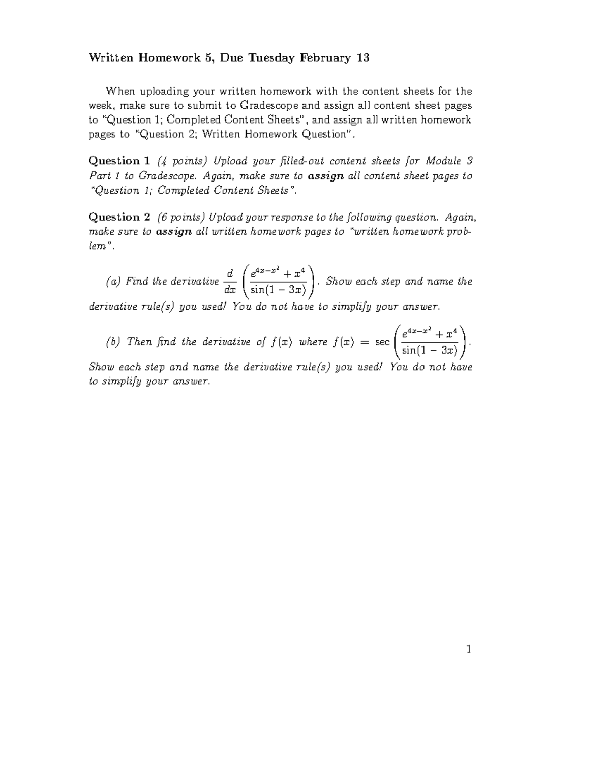 Math 180 Fall 2023 - Written Homework 5, Due Tuesday February 13 When uploading your written ...