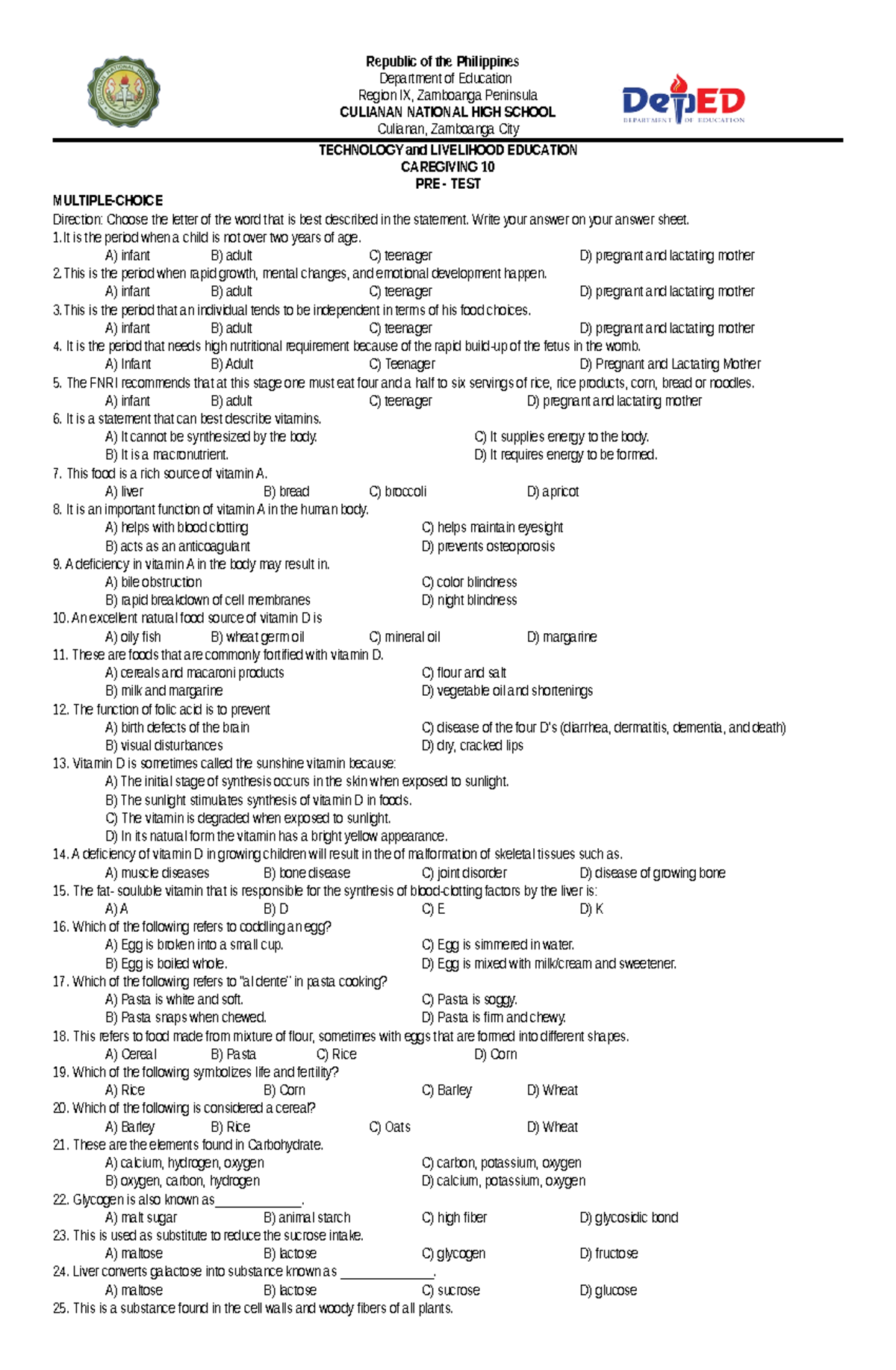 Diagnostic TEST 10 - Pre-Test - Republic of the Philippines Department ...