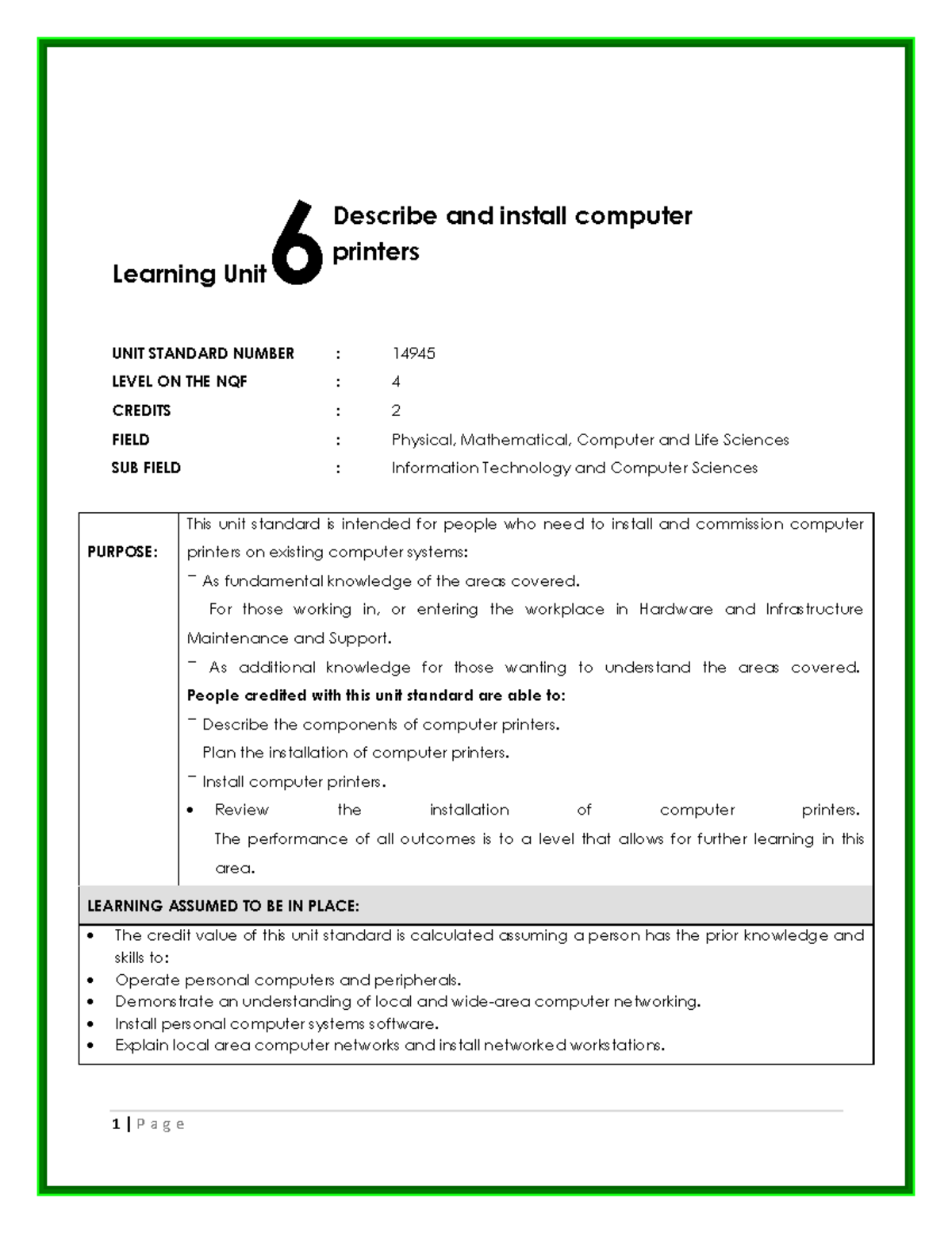 Describe and install computer printers - Learning Unit 6 UNIT STANDARD ...