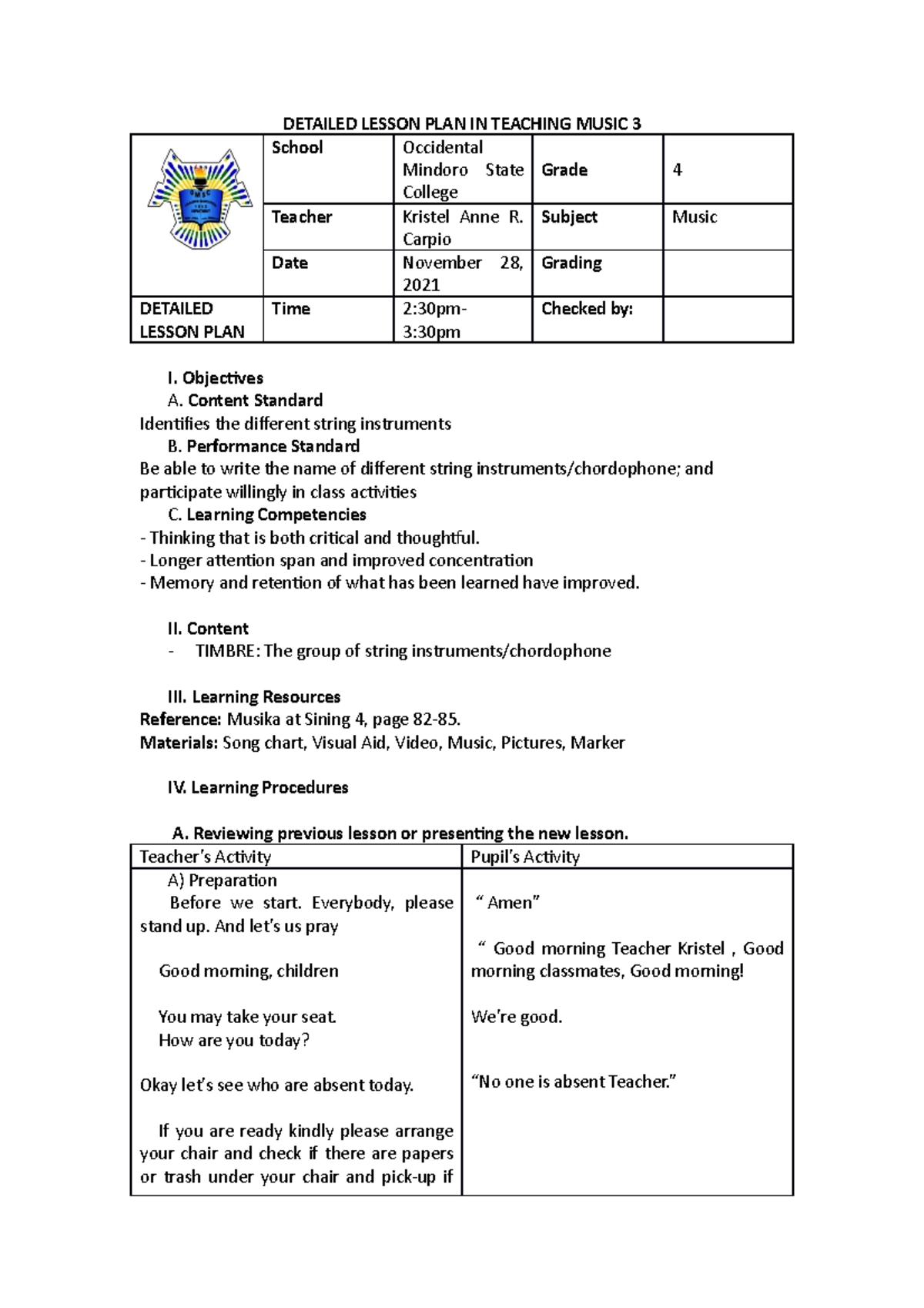 Lesson Plan In Music 3 DETAILED LESSON PLAN IN TEACHING MUSIC 3 