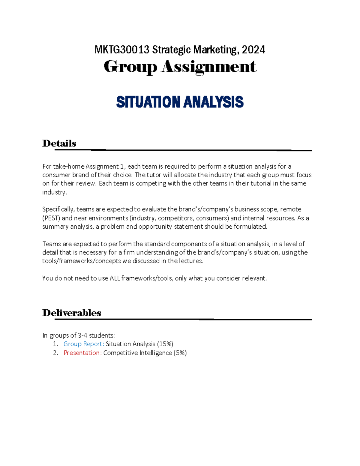 Assignment Group Project Outline 2024 Situation Analysis Final - MKTG30013 Strategic Marketing ...