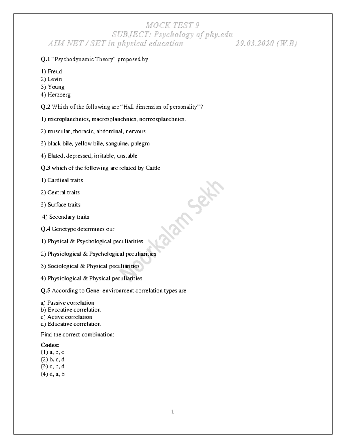 MOCK TEST 9 - Exercise purpose only - SUBJECT: Psychology of phy AIM ...
