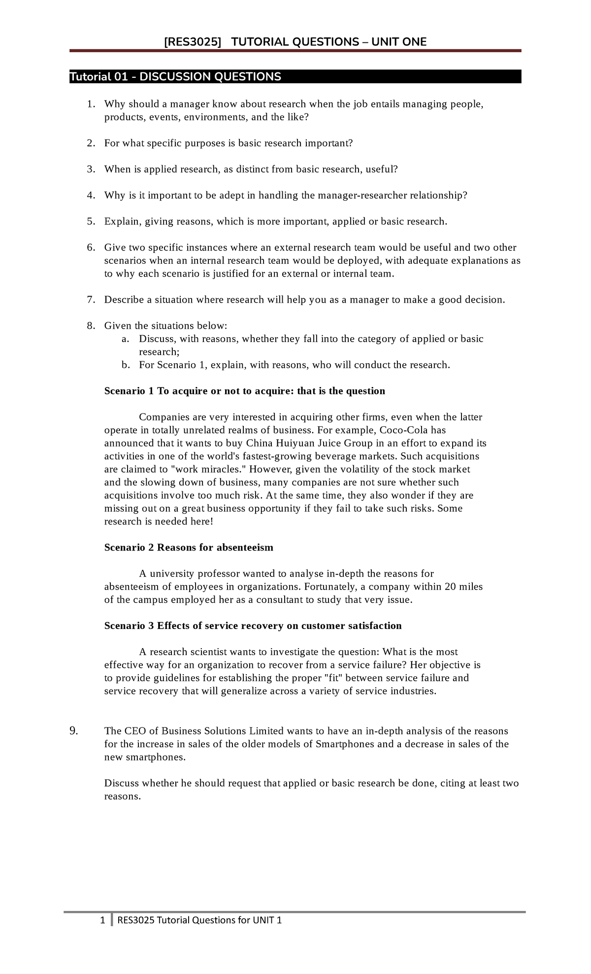01.3 BRM Tutorial 01 Questions - Unit 01 - [RES3025] TUTORIAL QUESTIONS – UNIT ONE Tutorial 01 ...