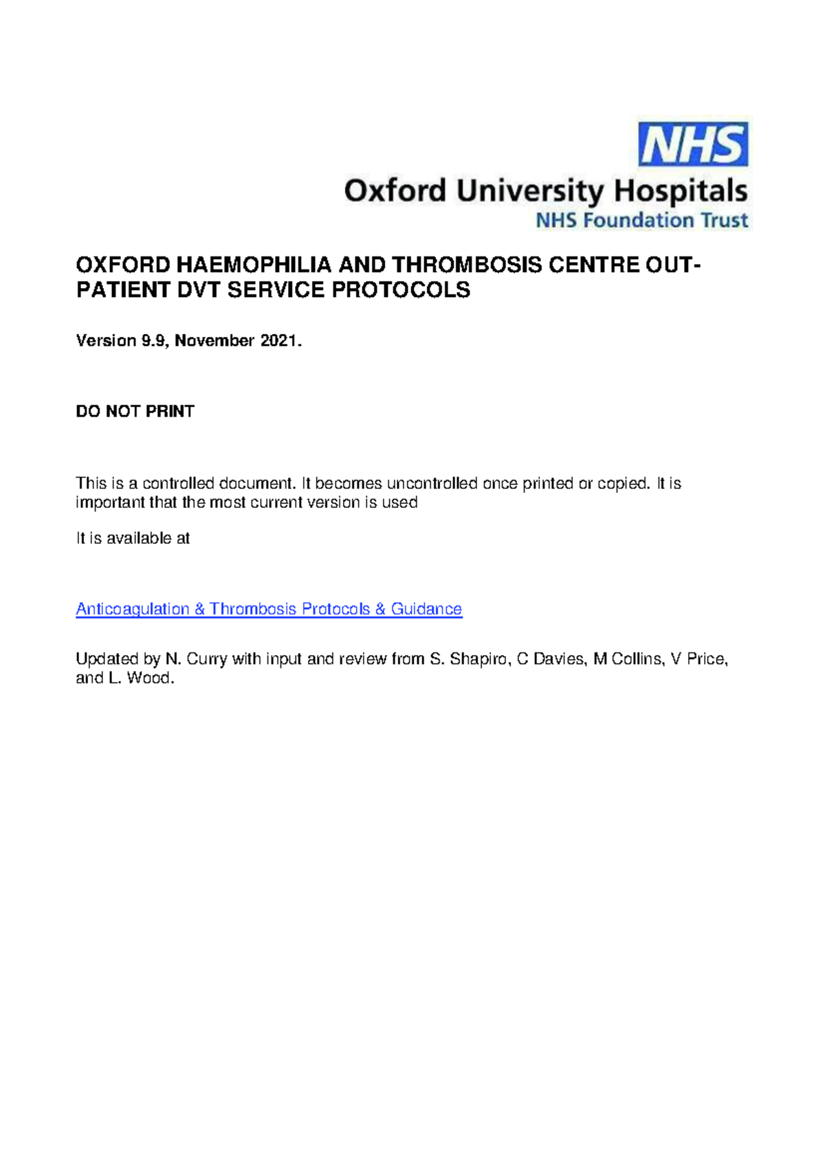 Dvt-protocols - Fact sheet relating to DVT Protocols - OXFORD ...
