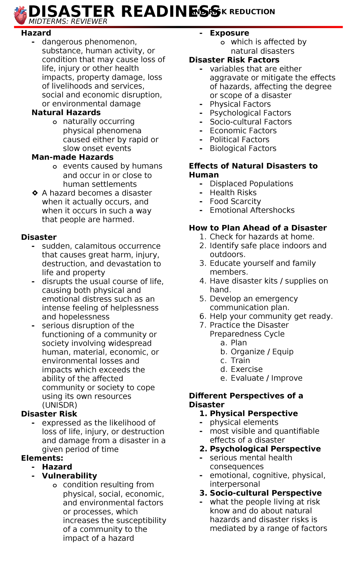 Reviewer-DRRR - DISASTER READINESSAND RISK REDUCTION MIDTERMS: REVIEWER ...