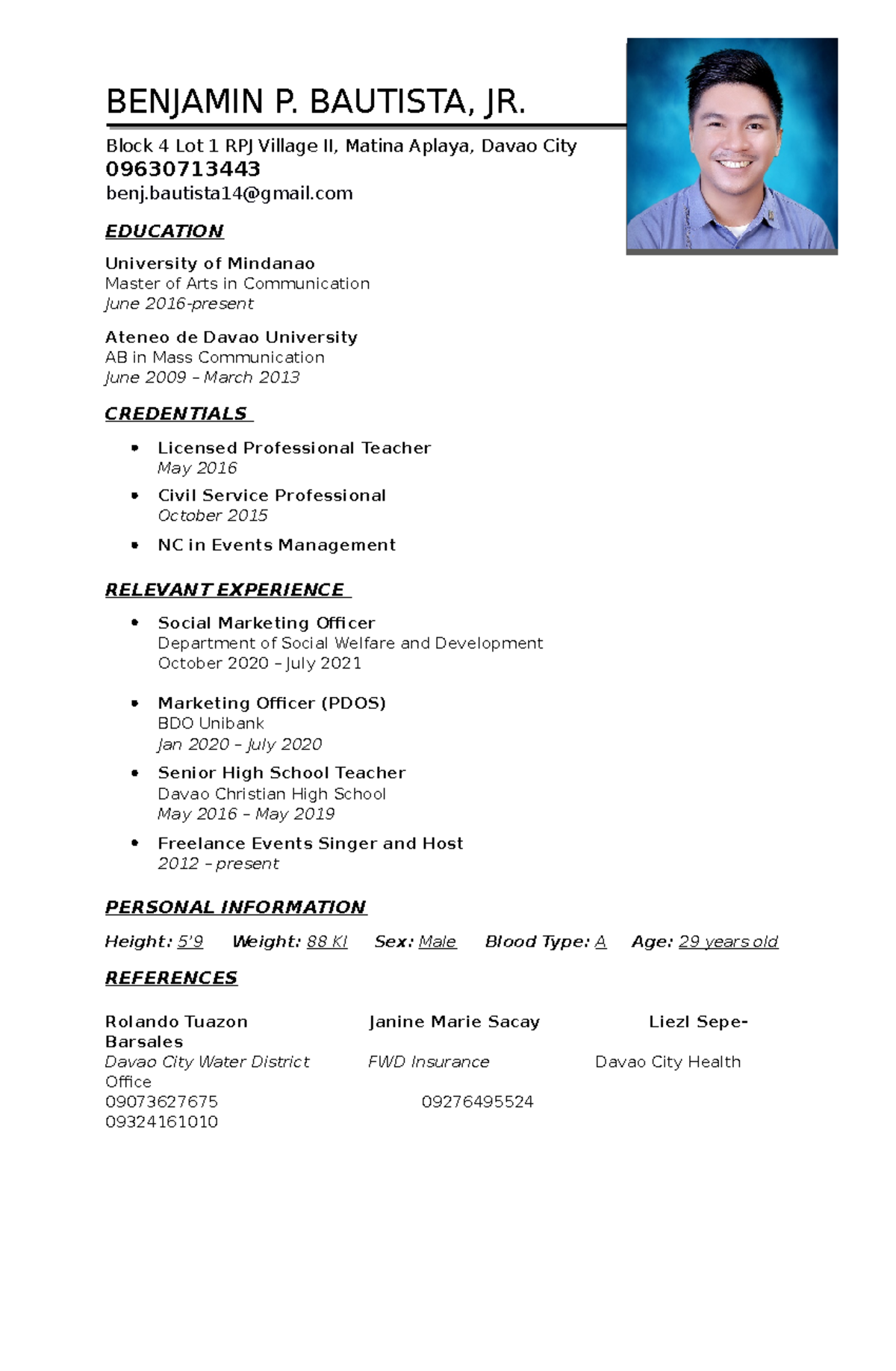 Benj Resume - This is a sample application letter that can be used by ...