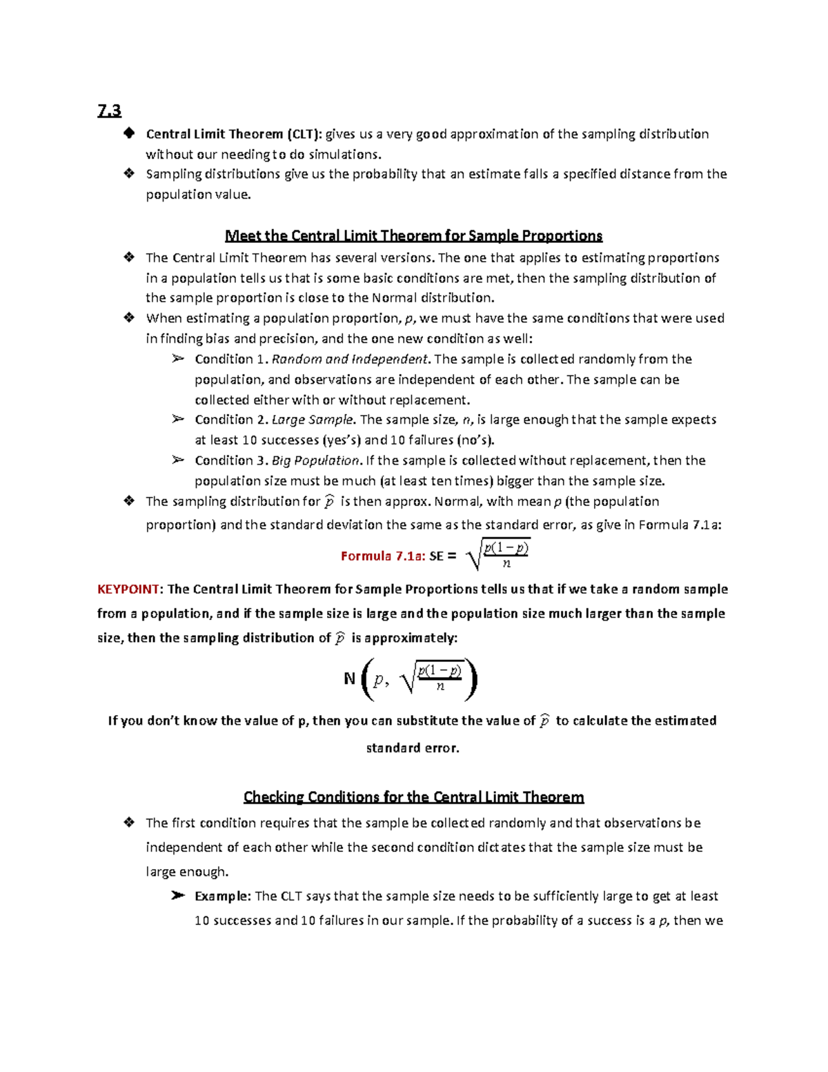 7.3 7.4 Stats Notes - 7. Central Limit Theorem (CLT) : gives us a very ...