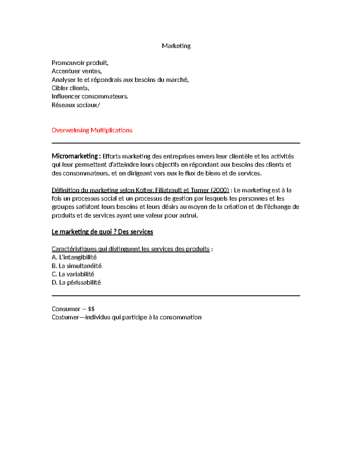 Cours 1 - Marketing Promouvoir produit, Accentuer ventes, Analyser le ...