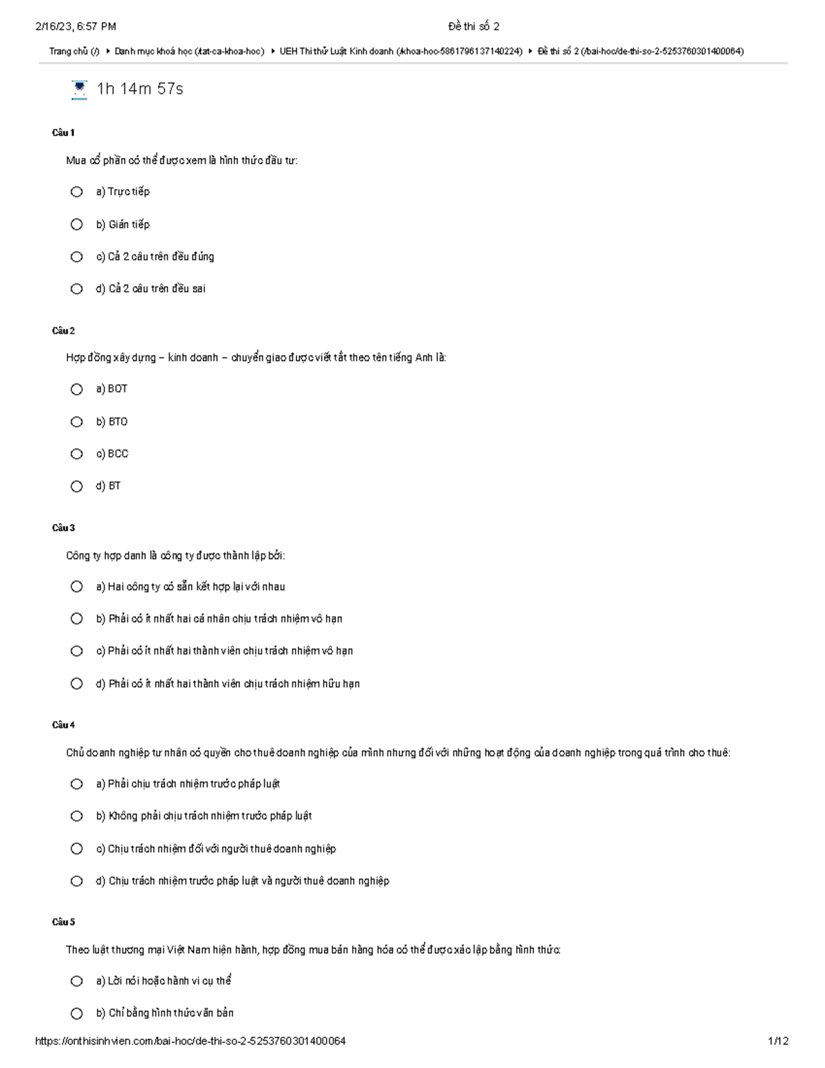 Đề thi số 2 - OTSV - Trang chủ (/) Danh mục khoá học (/tat-ca-khoa-hoc) UEH Thi thử Luật Kinh ...