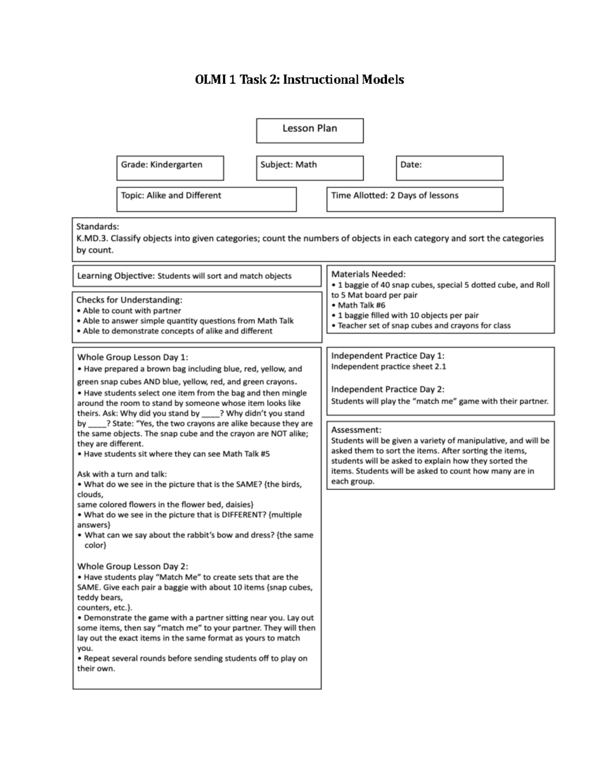 D185 task 2 - Kindergarten math- pass - OLMI 1 Task 2 : Instructional ...