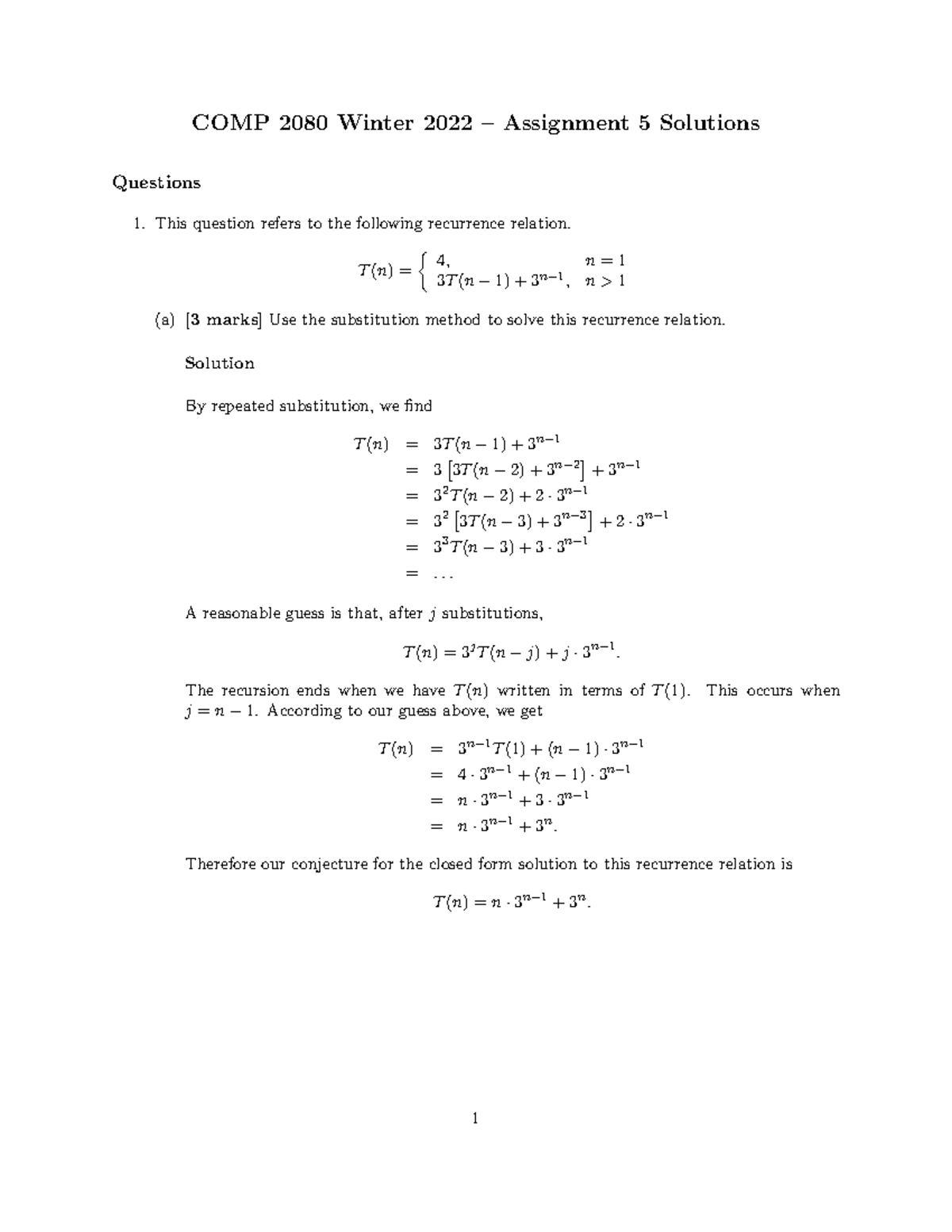 Assignment Five #5 Solutions - Winter 2022 term - COMP 2080 Winter 2022 – Assignment 5 Solutions ...