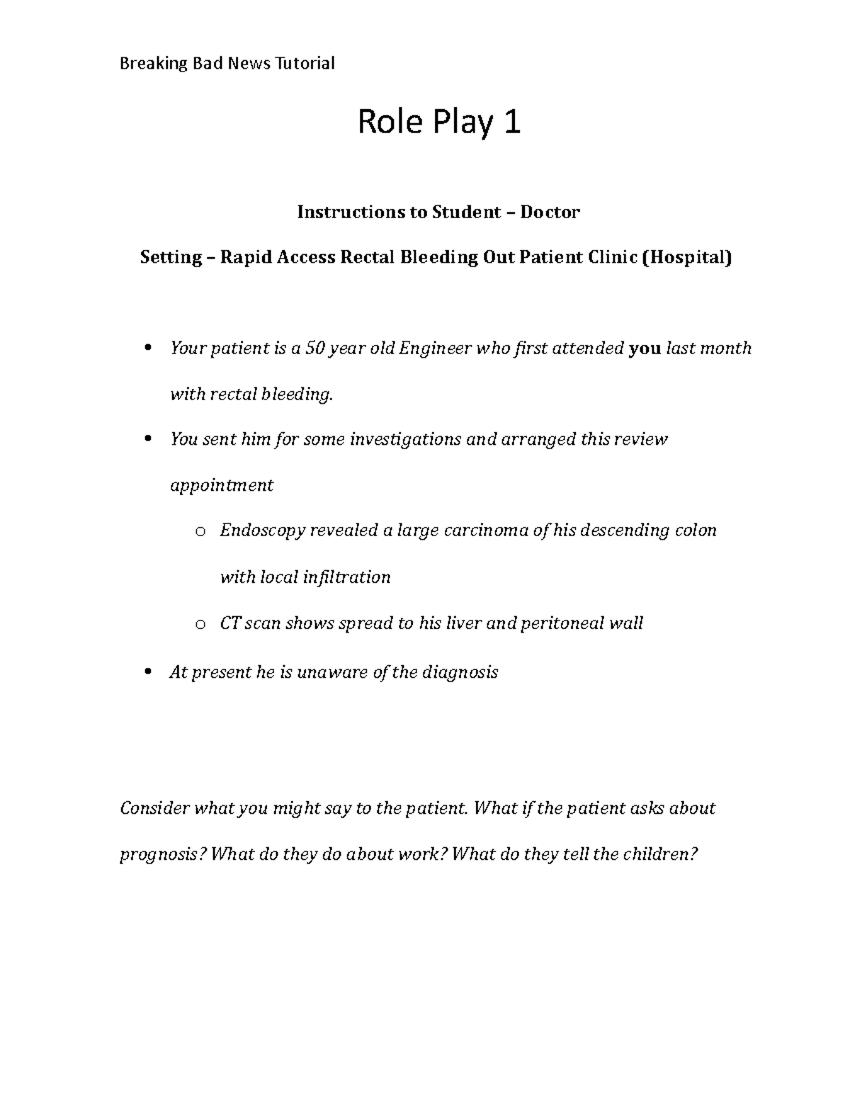 Breaking BAD NEWS Role Plays 2021-22 - Role Play 1 Instructions to ...