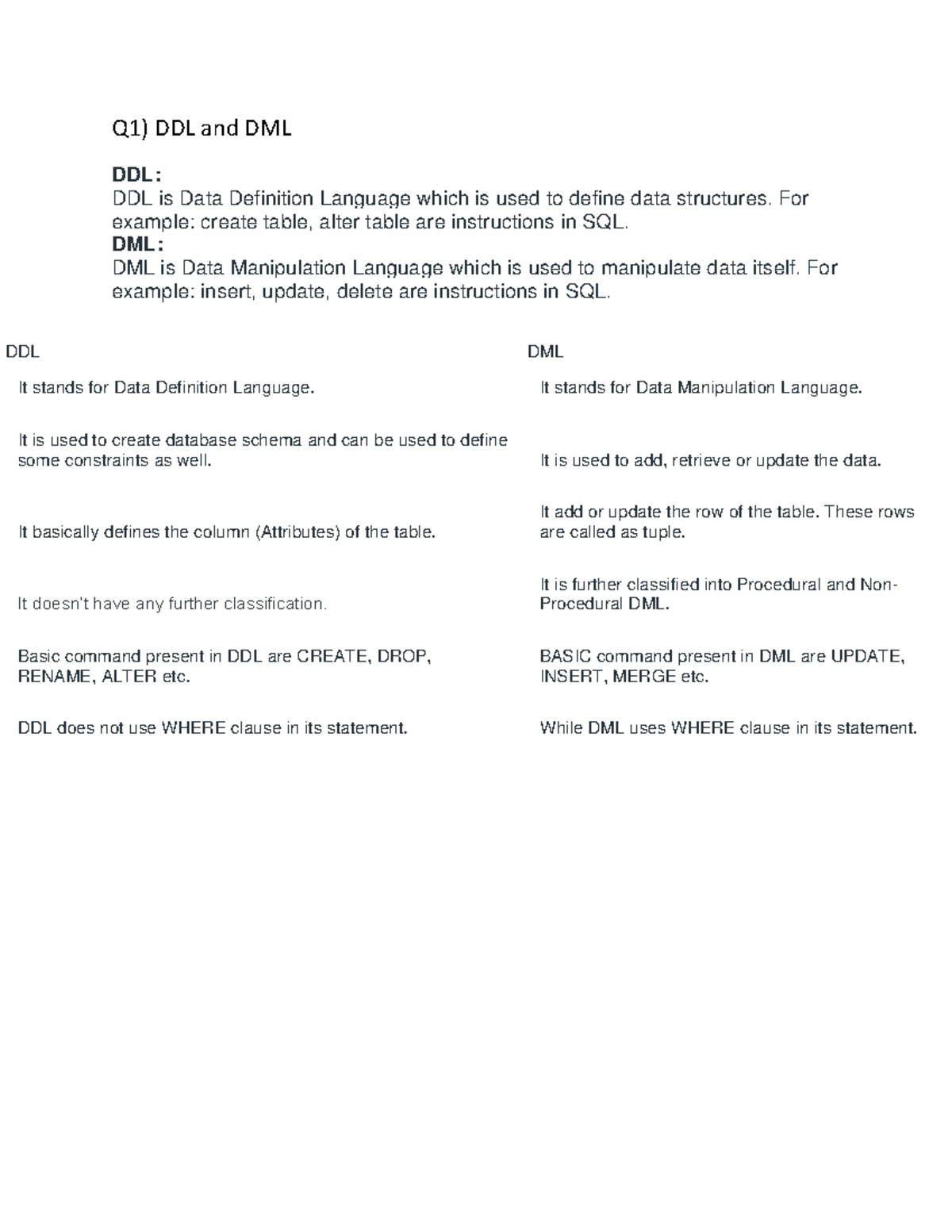 DBMS ANS - Q1) DDL and DML ####### DDL: ####### DDL is Data Definition Language which is used to ...