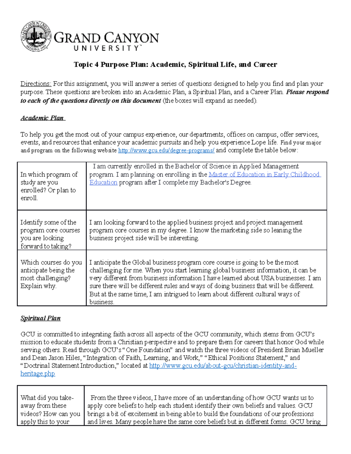 UNV103 T4 Purpose Plan - Topic 4 Purpose Plan: Academic, Spiritual Life ...