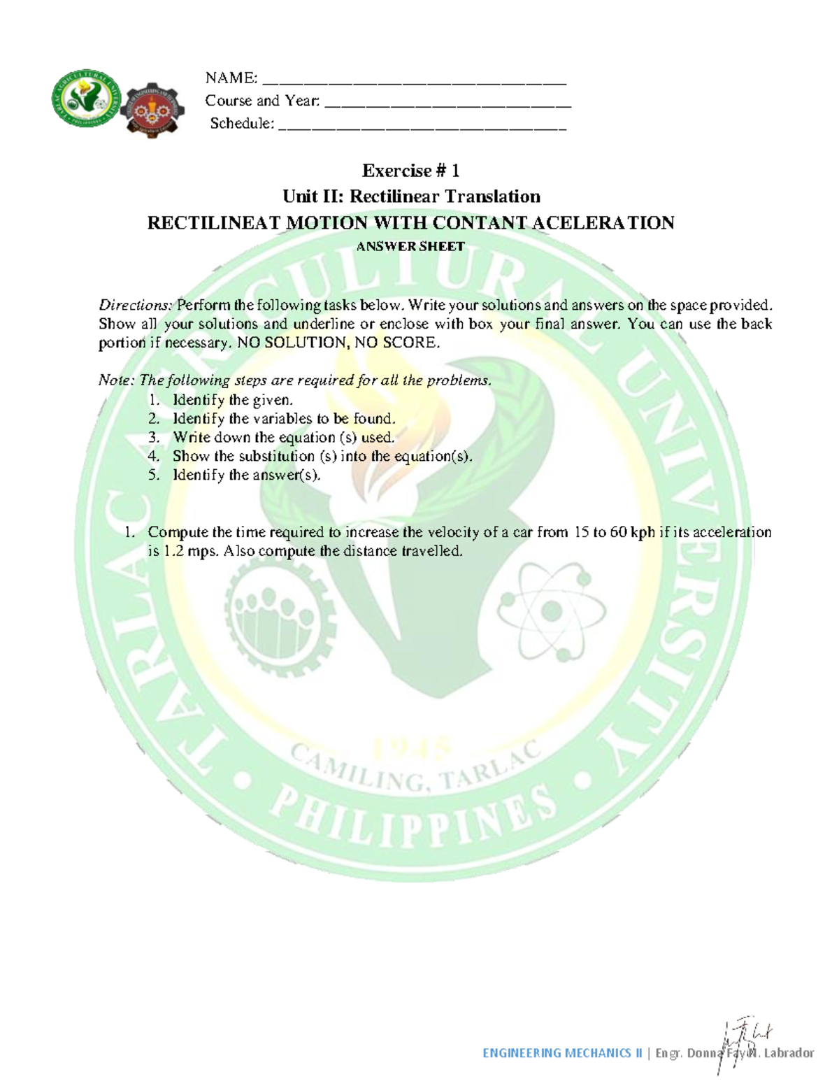 Exercise 1 Rectilinear Motion with Constant Acceleration 1 ...