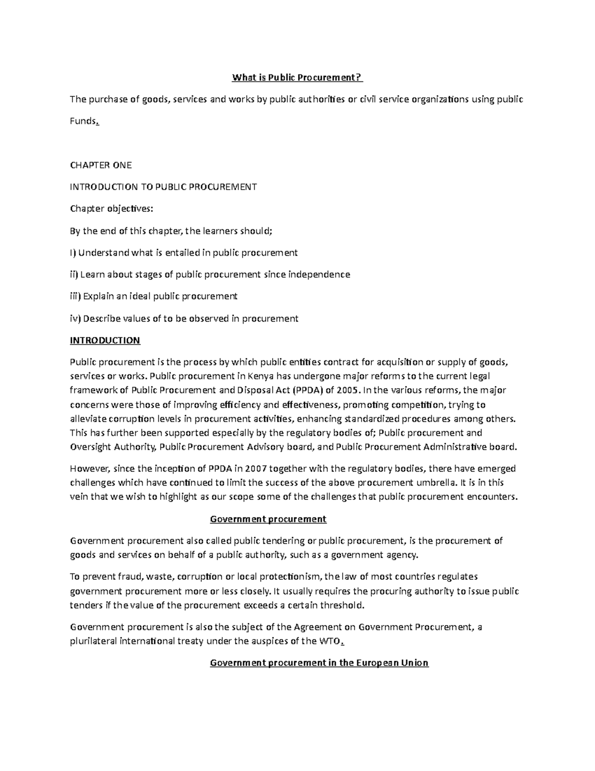 Public Procurement Notes - What is Public Procurement? The purchase of ...