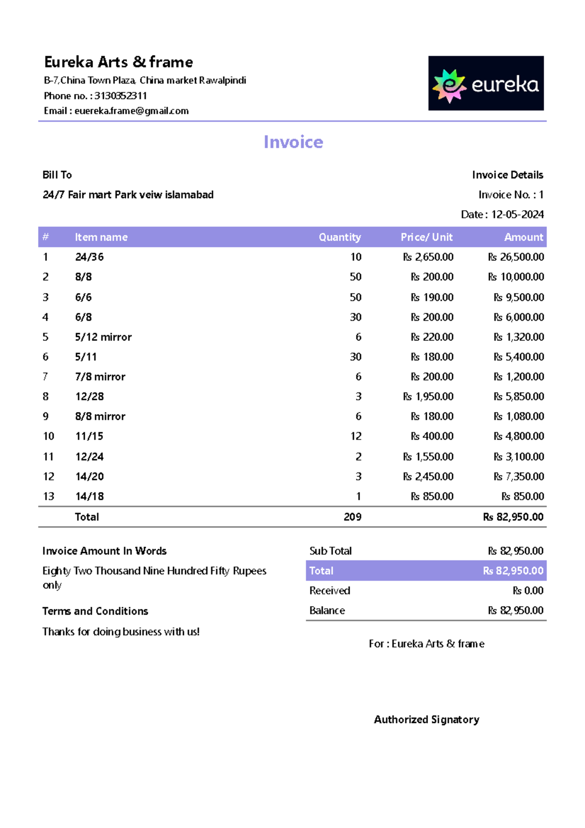 Invoice 1 12 05 24 - For : Eureka Arts & frame Authorized Signatory ...