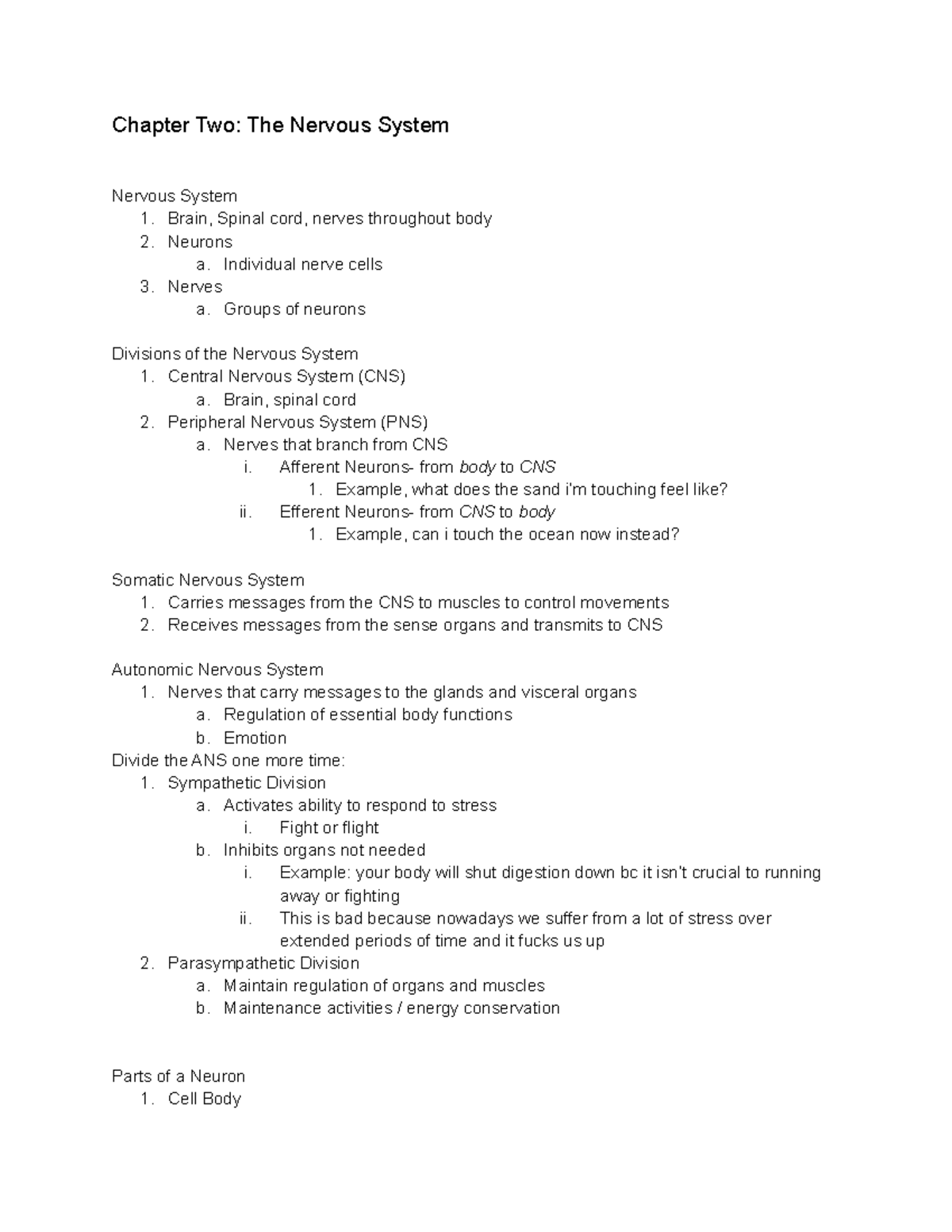 Chapter 2 Class - Lecture notes 2 - Chapter Two: The Nervous System ...