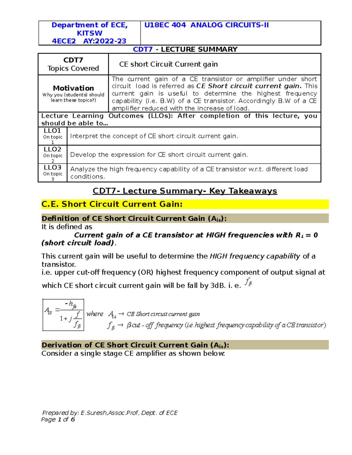 AC-II CDT7 Summary Unit1 4ECE2 ES - KITSW 4ECE2 AY:2022- CDT7 - LECTURE SUMMARY CDT Topics ...