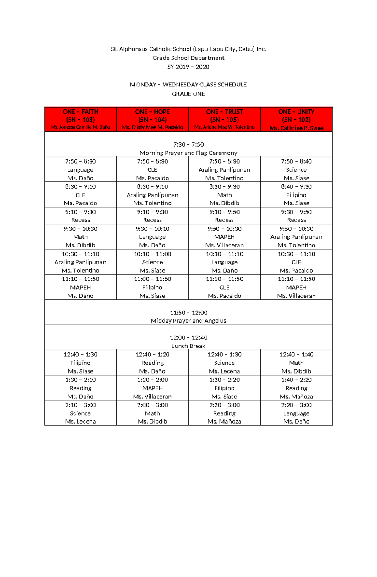 Grade 1 Class Schedule - Grade School Department SY 2019 – 2020 MONDAY ...