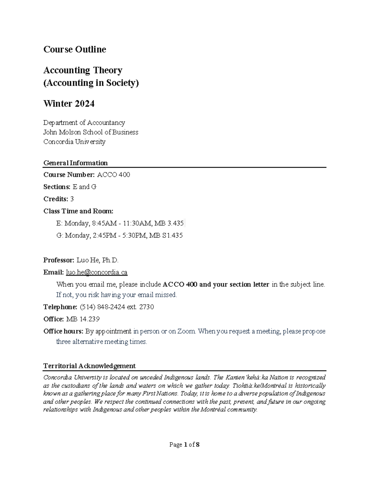 Course Outline ACCO 400 - Winter 2024 - Course Outline Accounting ...