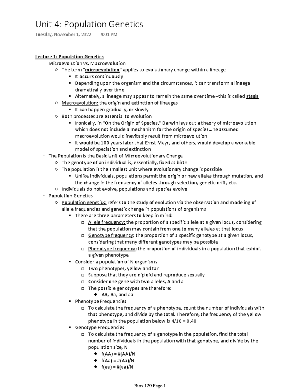 Bios 120 Unit 4 Population Genetics - Lecture 1: Population Genetics ...