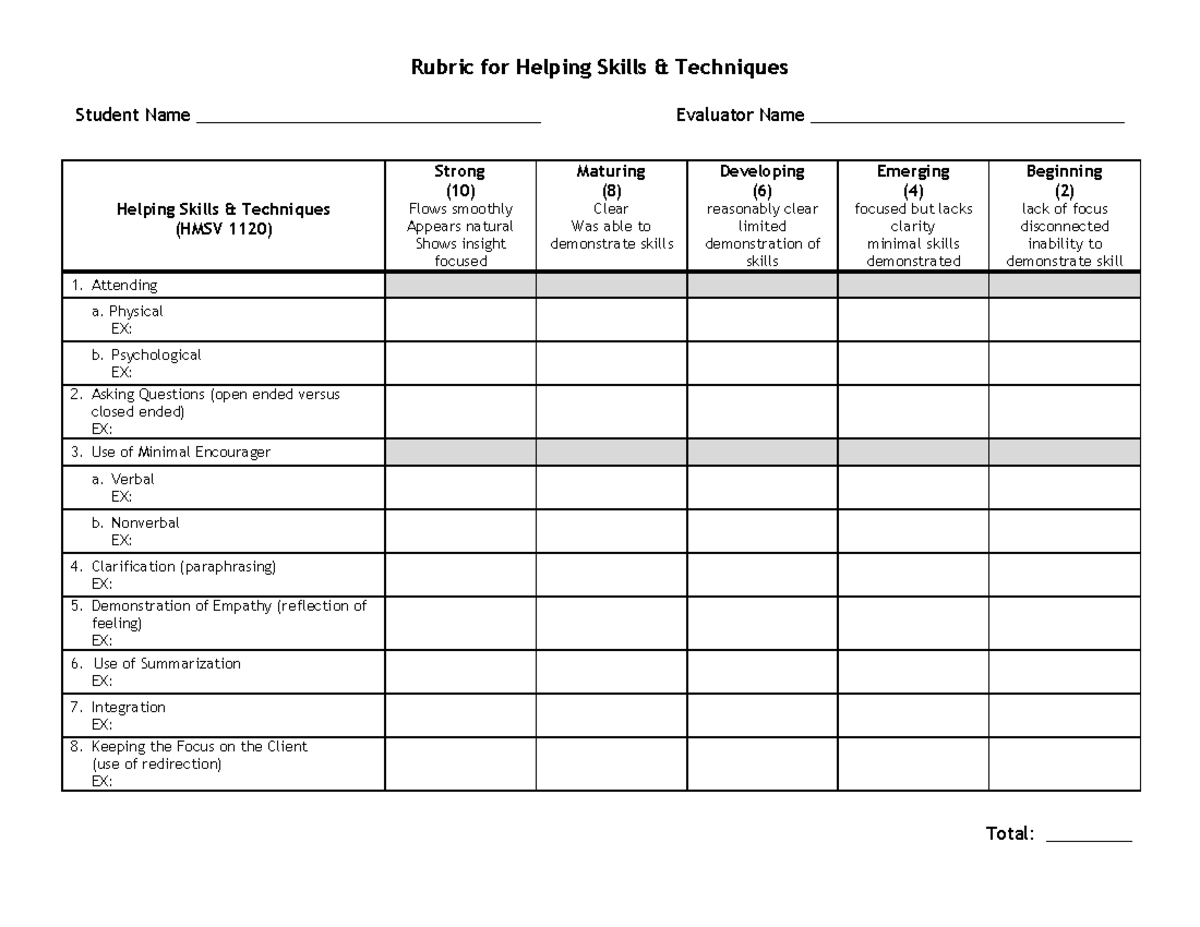 Rubric for grading Helping Skills - Rubric for Helping Skills ...