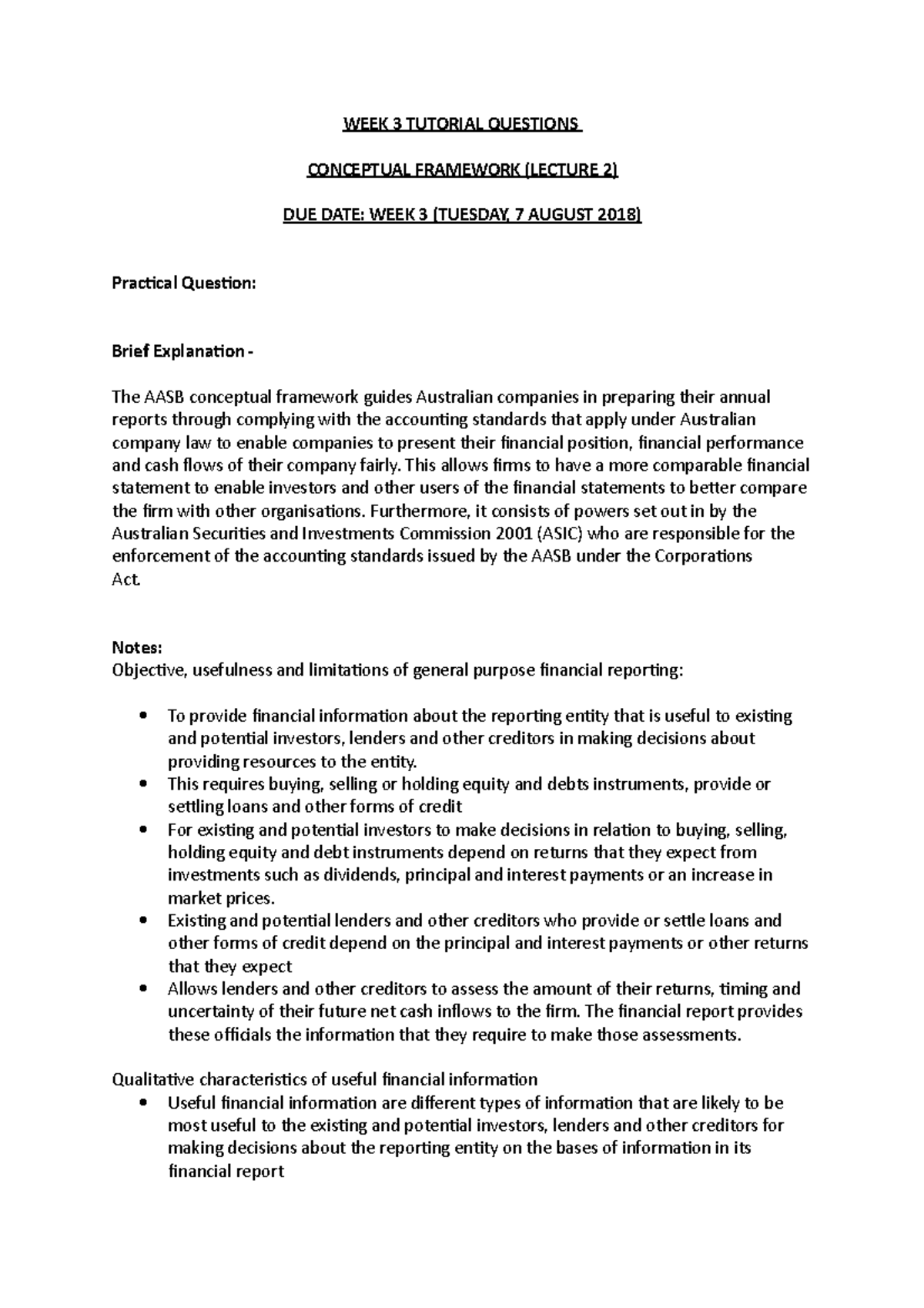 WEEK 3 Tutorial Questions - WEEK 3 TUTORIAL QUESTIONS CONCEPTUAL FRAMEWORK (LECTURE 2) DUE DATE ...