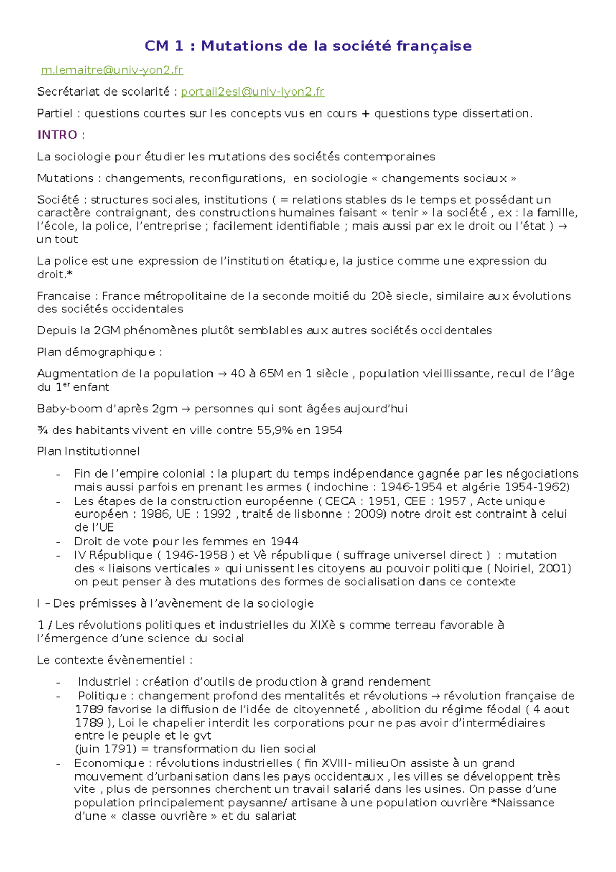 CM 1 Socio Notes De Cours 1 CM 1 Mutations De La Soci t 