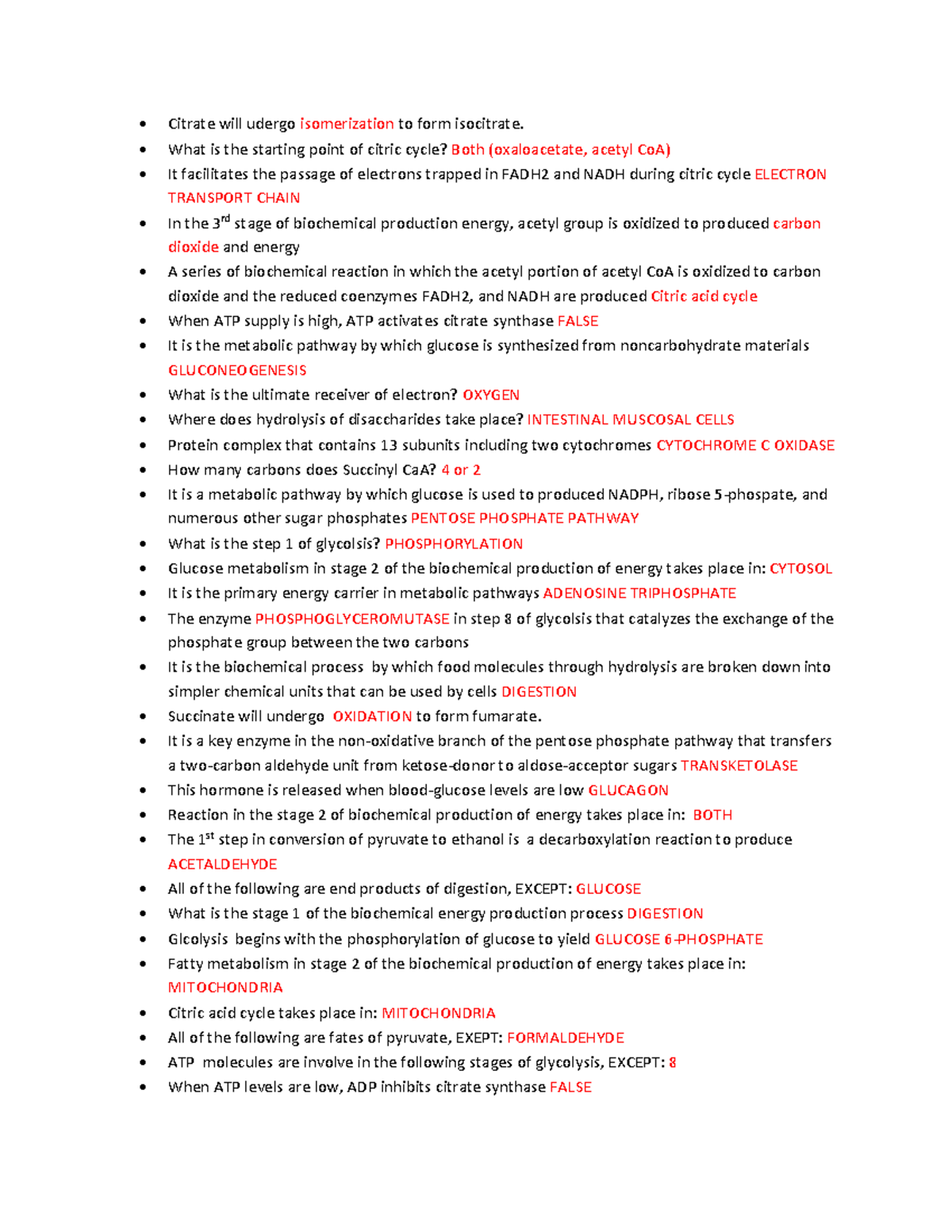 Reviewer finals - lec - Citrate will udergoisomerizationto form ...