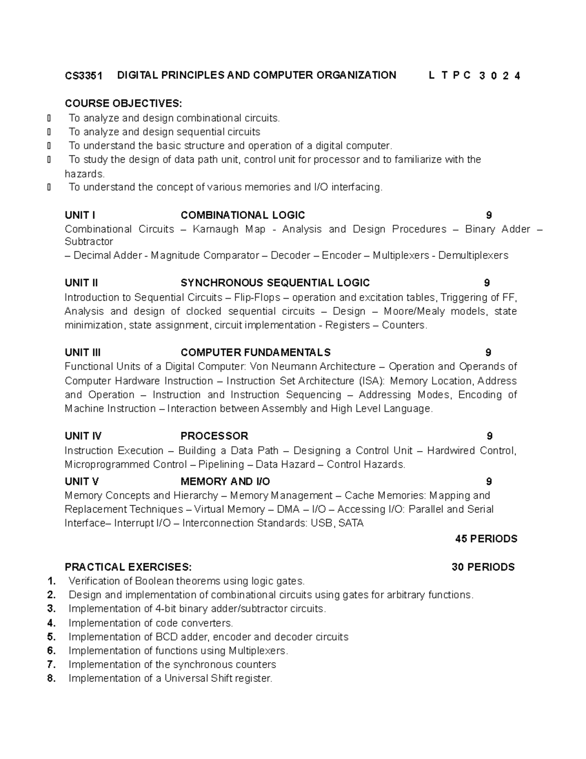 Cs3351 Dpco Syllabus Cs3351 Digital Principles And Computer Organization L T P C 3 0 2 4